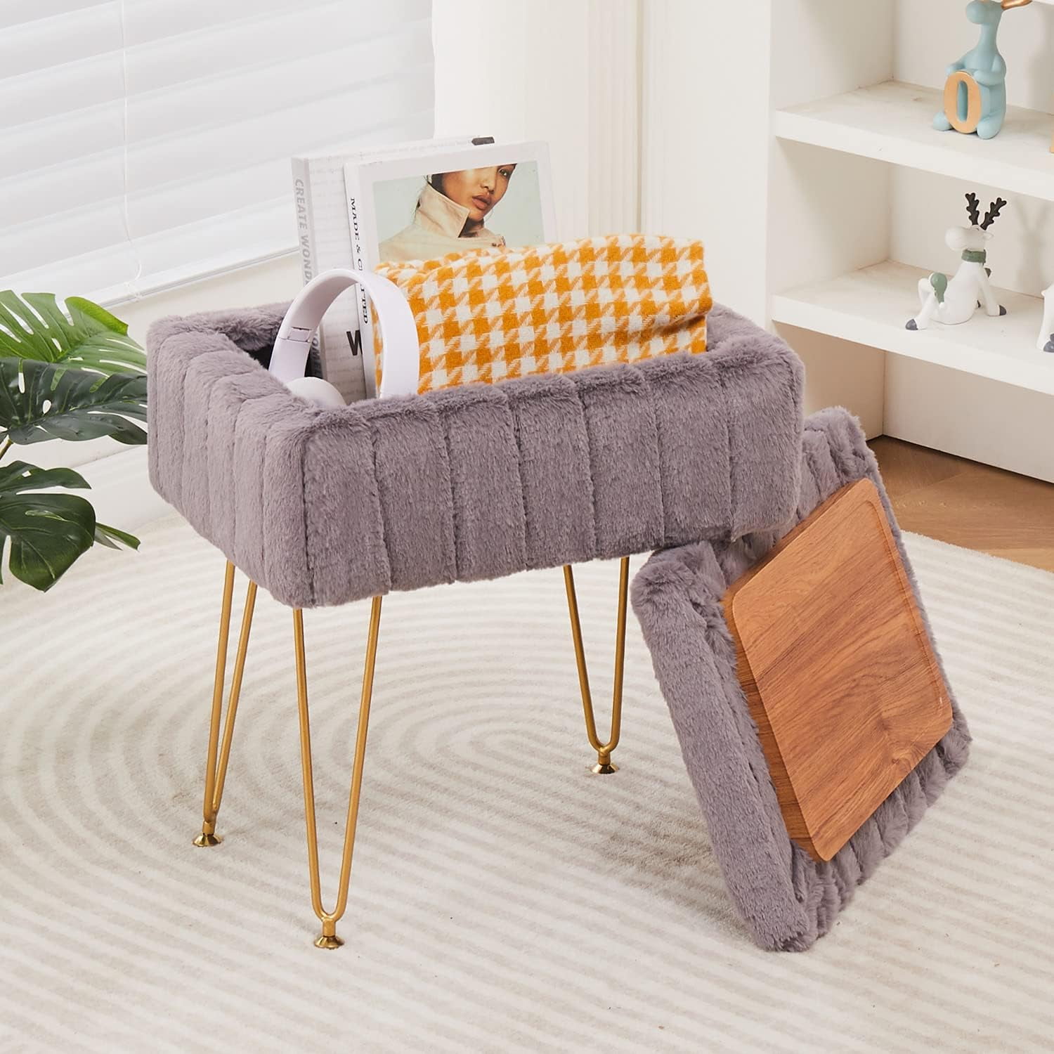 Faux Mink Fur Storage Ottoman, Modern Soft Footstool, Storage Bench ...