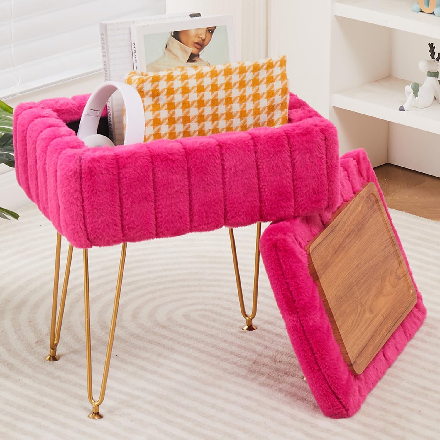 Faux Mink Fur Storage Ottoman, Modern Soft Footstool, Storage Bench ...