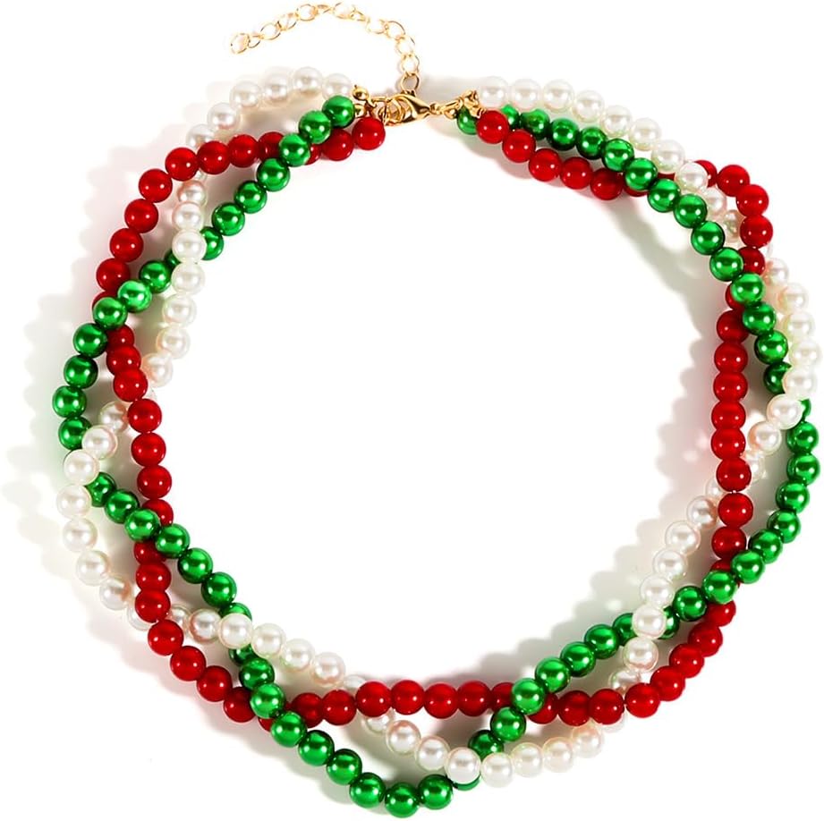 Faux Pearl Christmas Red Green White Cute Ornament Chunky Choker ...
