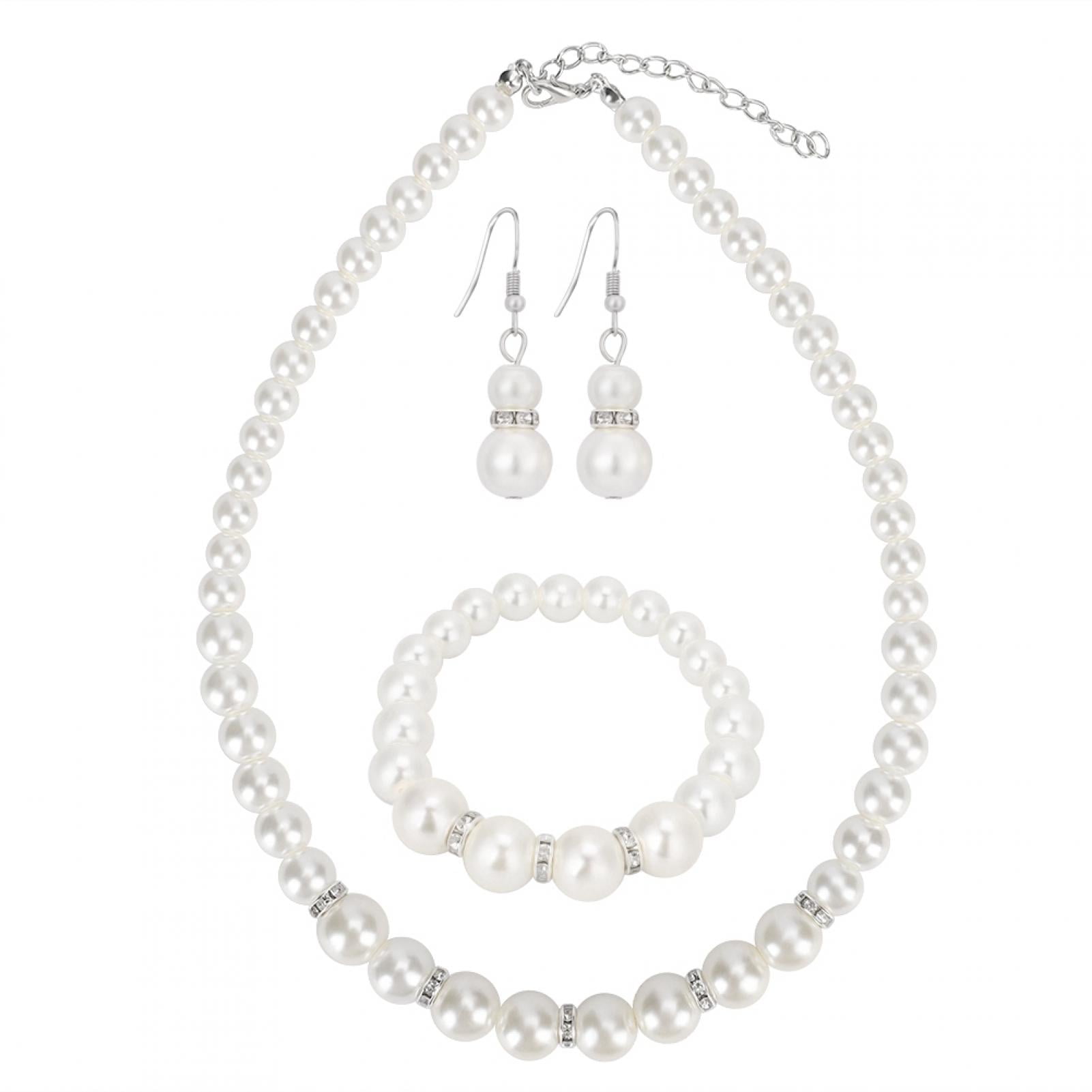 Faux Pearl Jewelry Set for Women, Elegant Earring Necklace and Bracelet ...