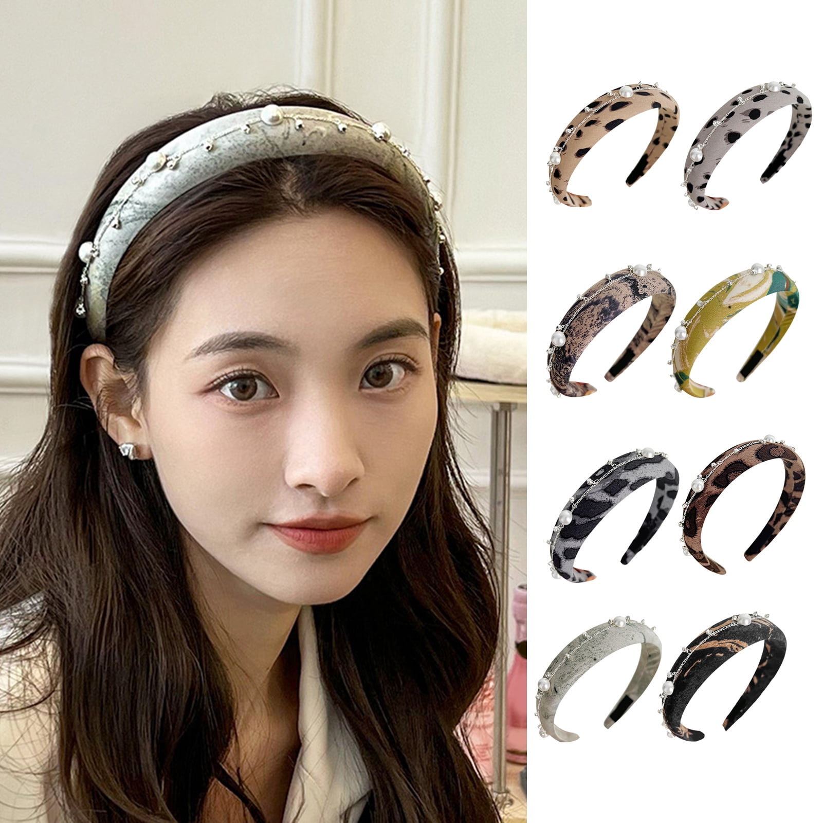 Faux Pearls Rhinestone Bell Chain Decor Women Headband Leopard Print