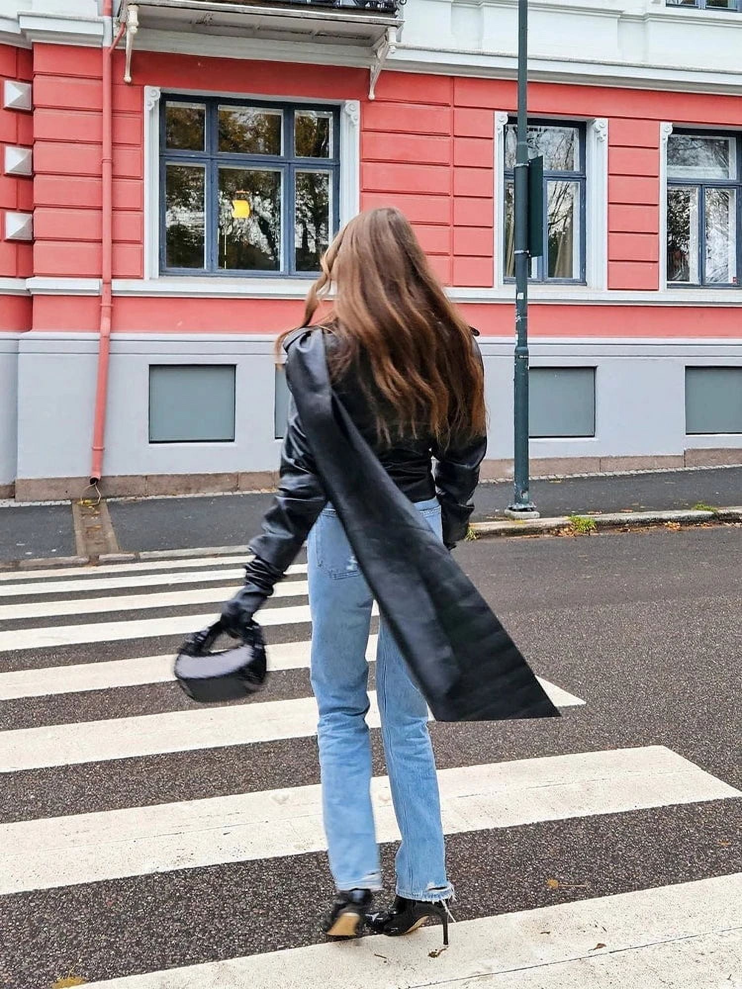 Faux Pu Leather Slim Jacket Women Long Sleeve Patchwork Scarf Collar ...