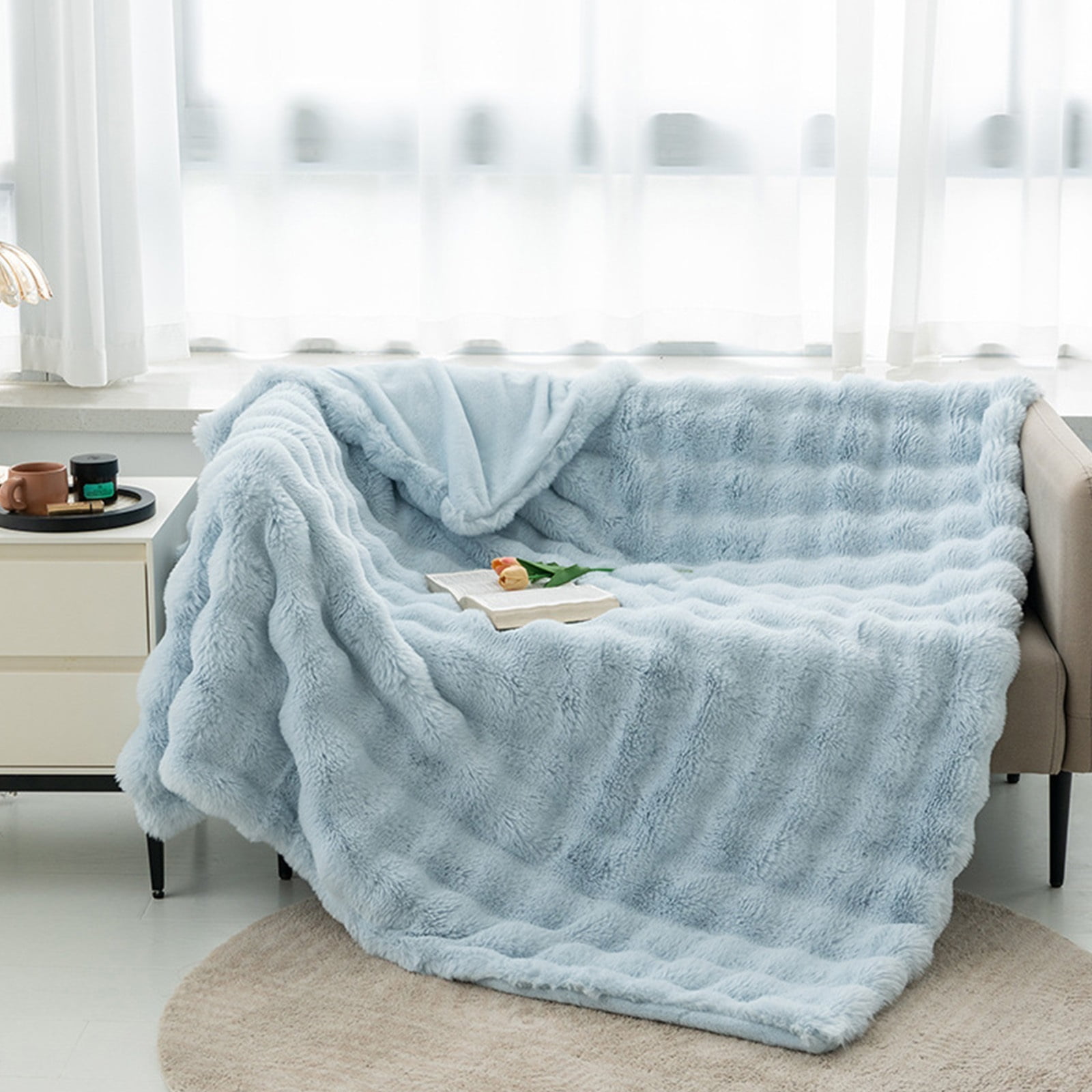 Faux Rabbit Bubble Fur Blanket, Soft Fluffy Plush Throw for Couch Sofa ...