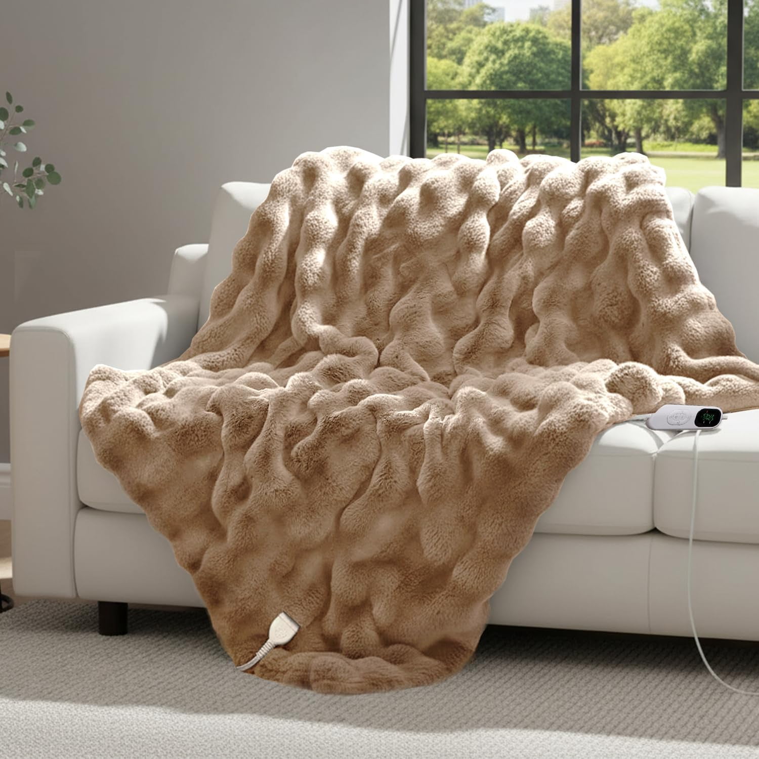 Faux Rabbit Fur Electric Blanket, Oversized 51"x75" Single Heated Throw ...