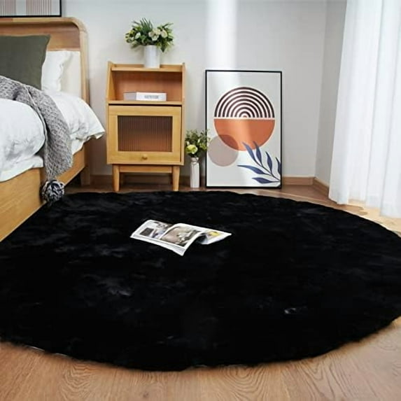 Faux Rabbit Fur Round Rug 8ft Black Round Rugs for Bedroom Decor Fluffy ...
