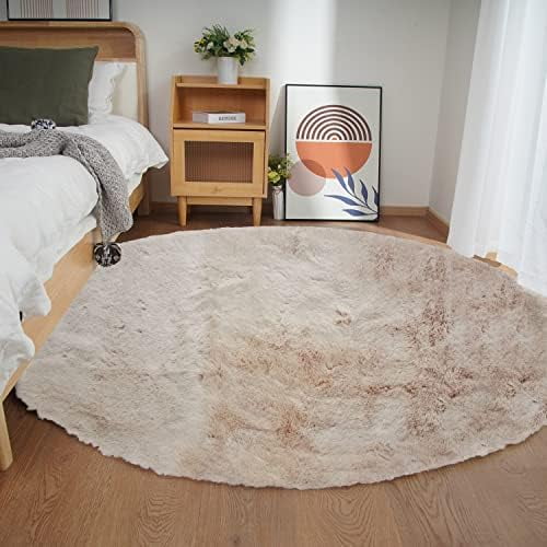 Faux Rabbit Fur Round Rug 8ft Light Brown Beige Round Rugs for Bedroom ...
