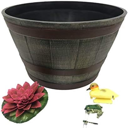 Faux Resin Whiskey Barrel Liner Includes Dragonfly & Frog Pot Hangers ...