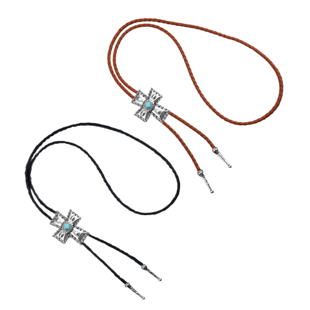 Faux Rope Lariat Necklace Cowboy Western Necktie Metal Crosses Stone ...