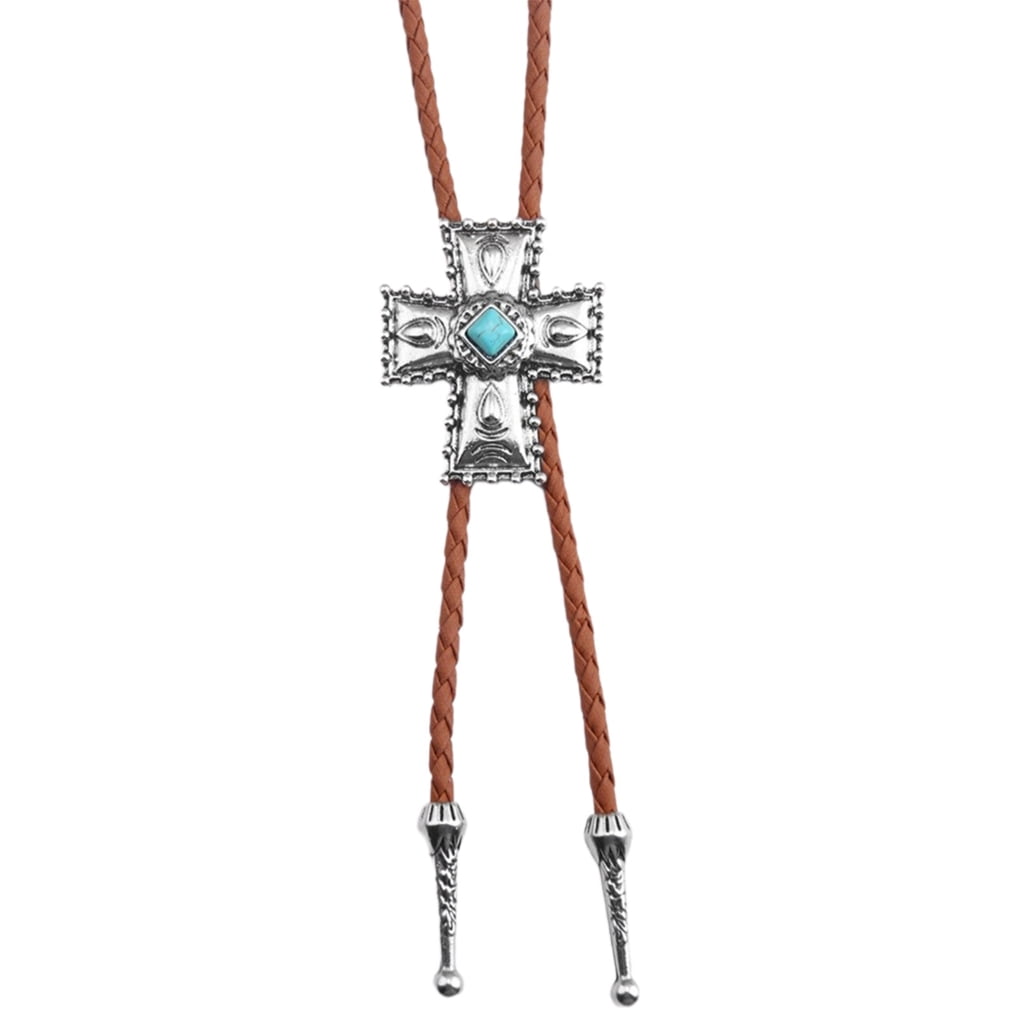 Faux Rope Lariat Necklace Cowboy Western Necktie Metal Crosses Stone ...