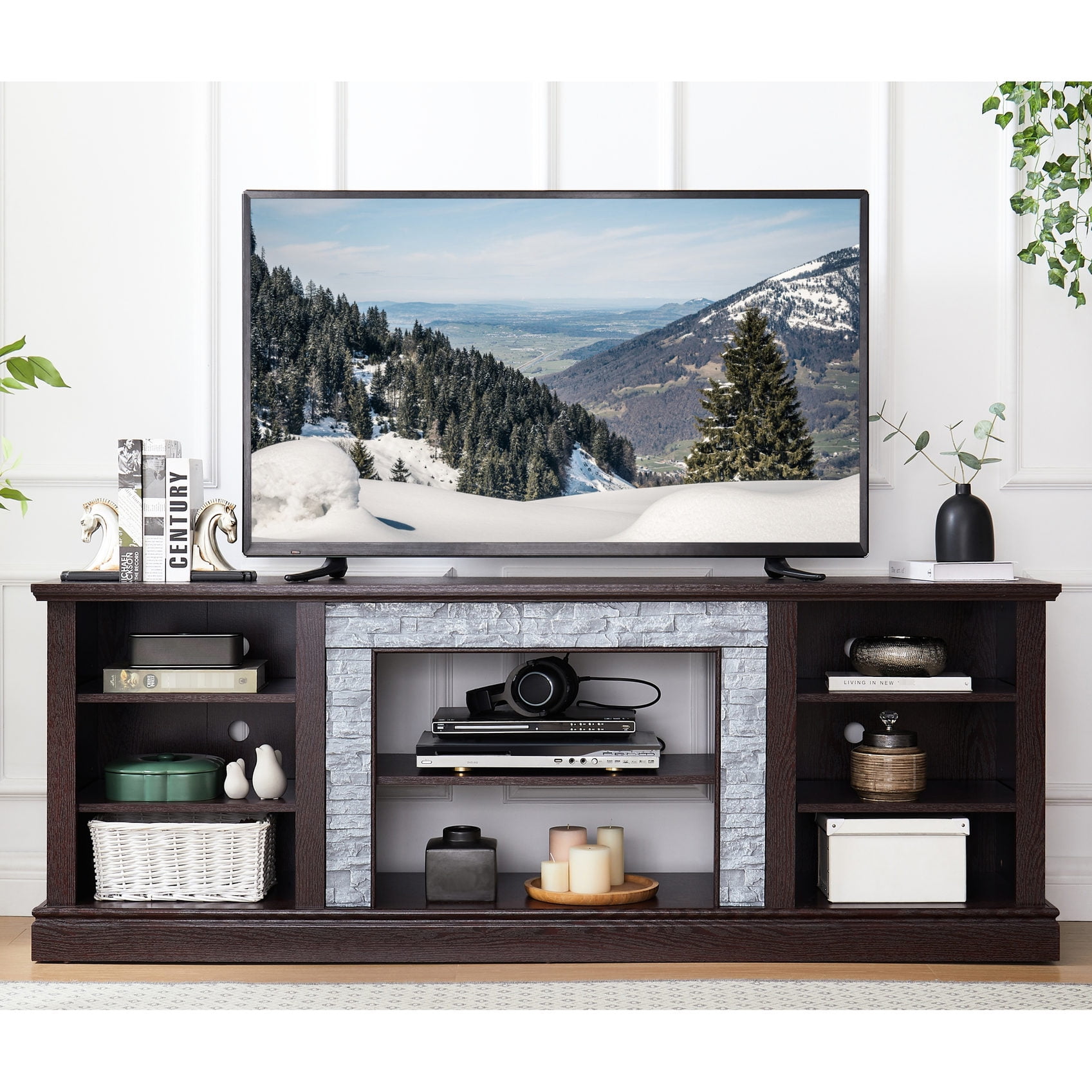 Faux Stacked Stone Console | Accommodates Big TVs & Gadgets | Home ...