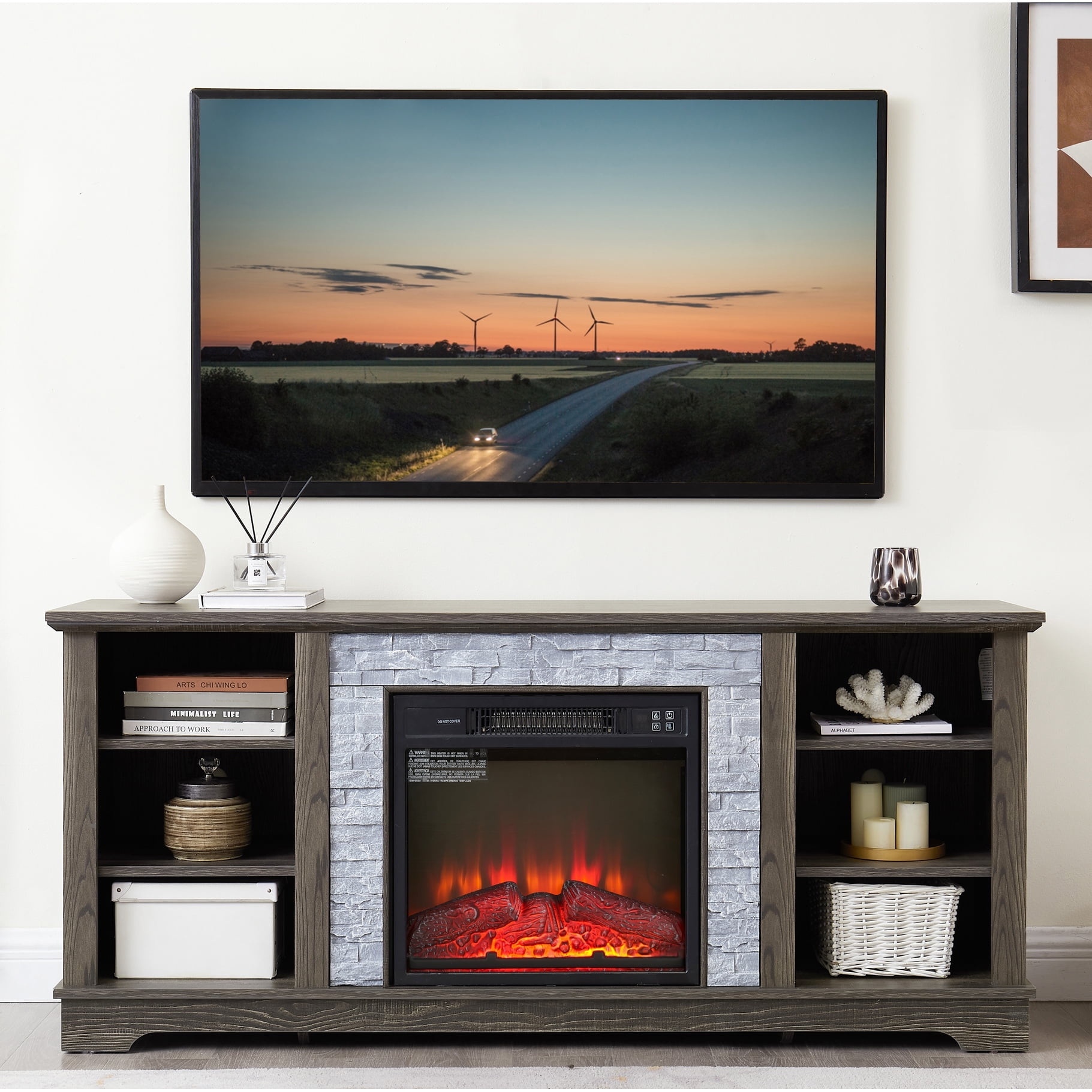 Faux Stacked Stone Electric Fireplace Media Stand, 4 Shelves - Fits 65 ...