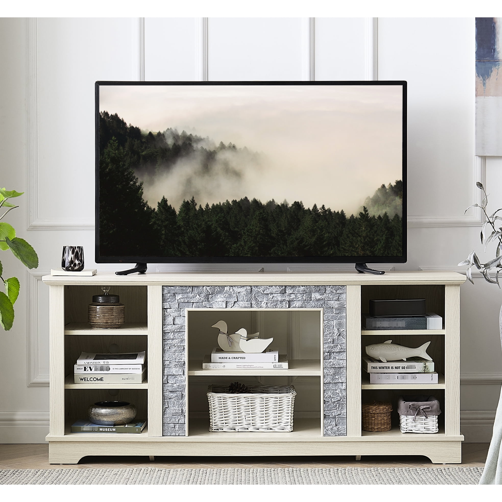 Faux Stacked Stone Surround Tv Stand With Open Shelving And Cable ...