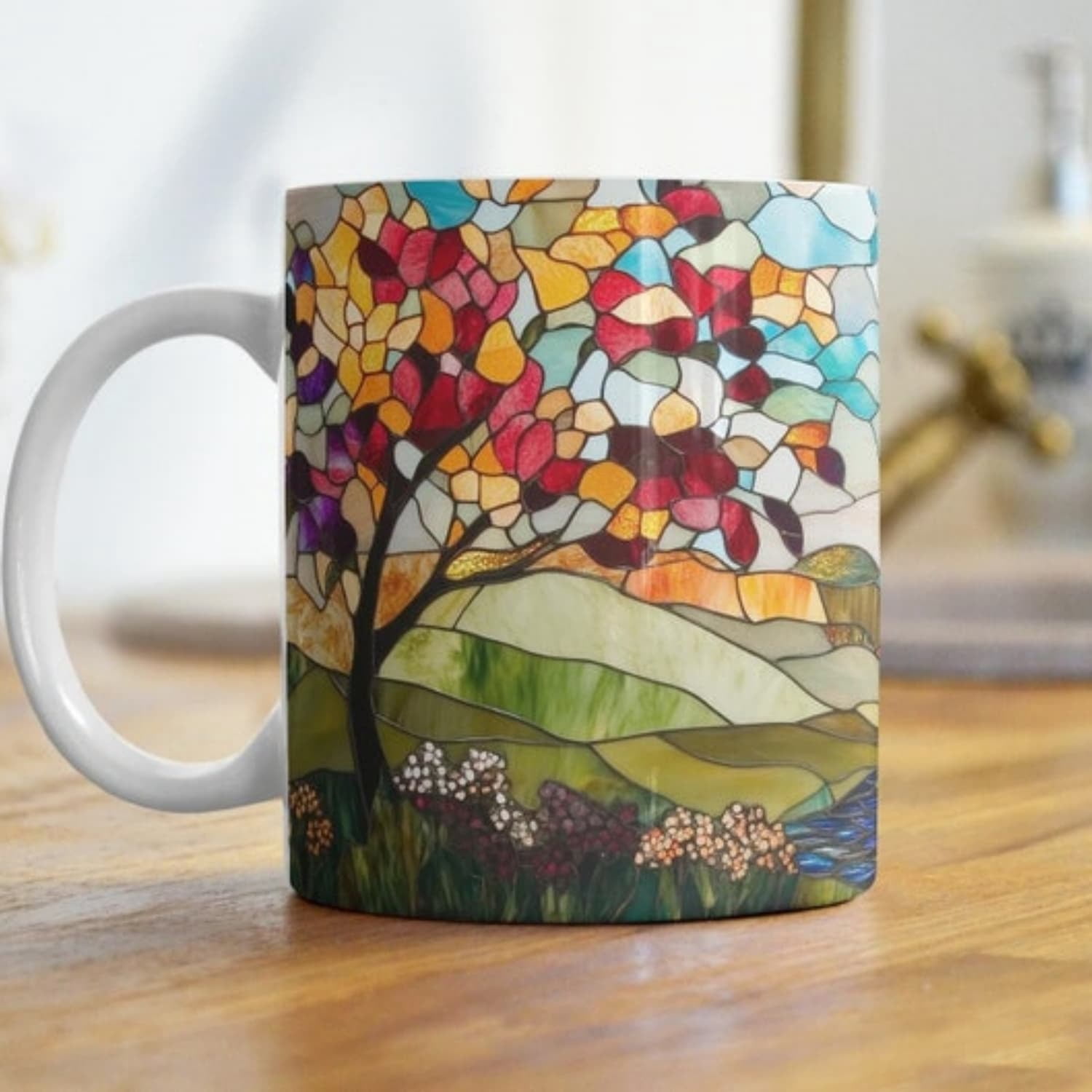 Faux Stained Gl Rr Trees Mug, Mosaic Rr Scenery Ceramic Mug, Colorful ...