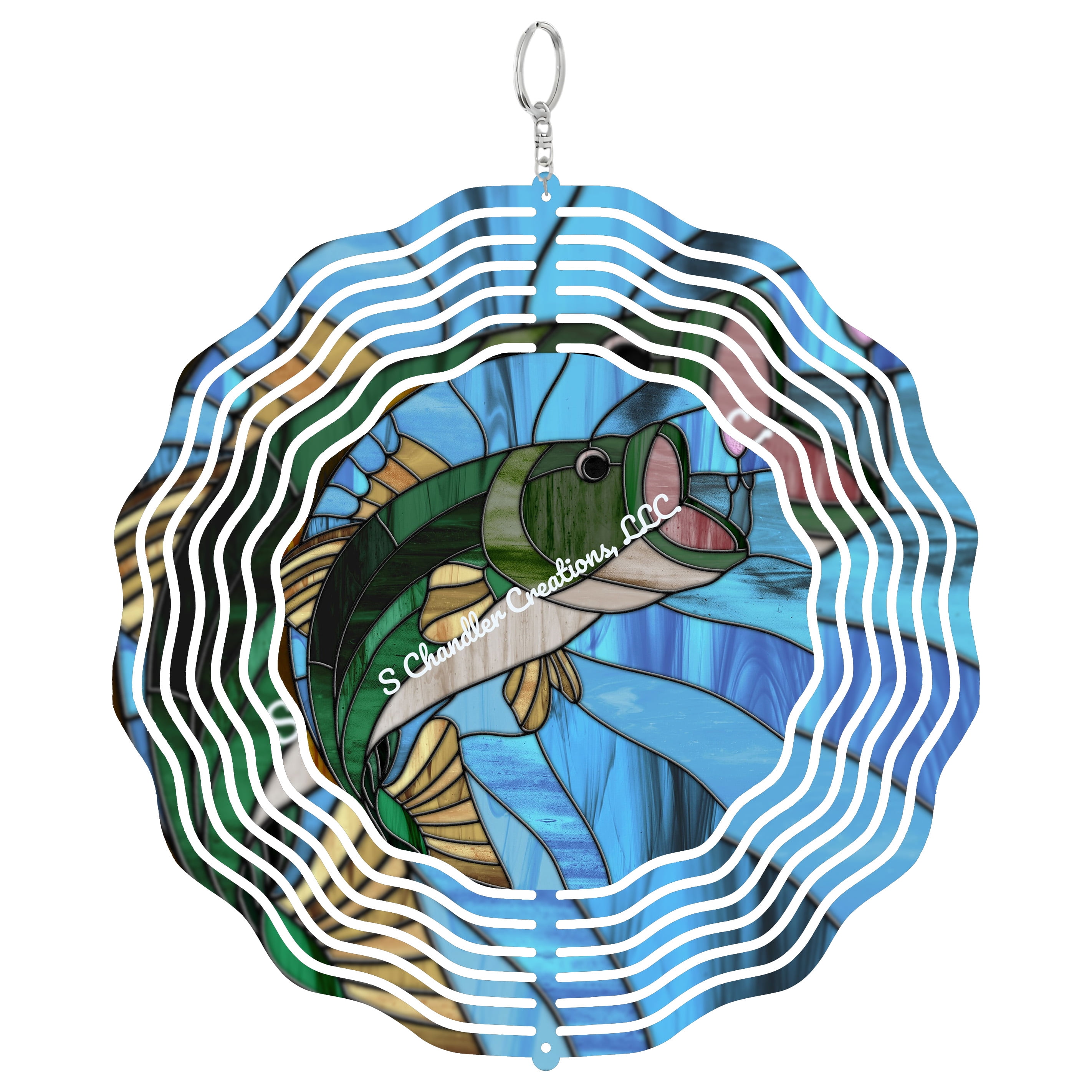 Faux Stained Glass Bass Fish 3D Wind Spinner, Kinetic Metal Hanging Art ...