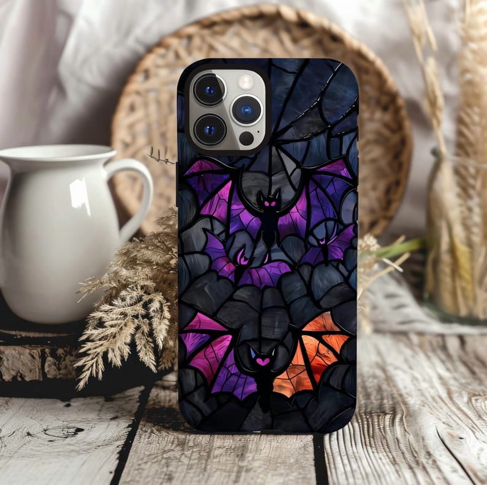 Faux Stained Glass Bat Gothic Phone Case for iPhone 12 to 17 Horror ...