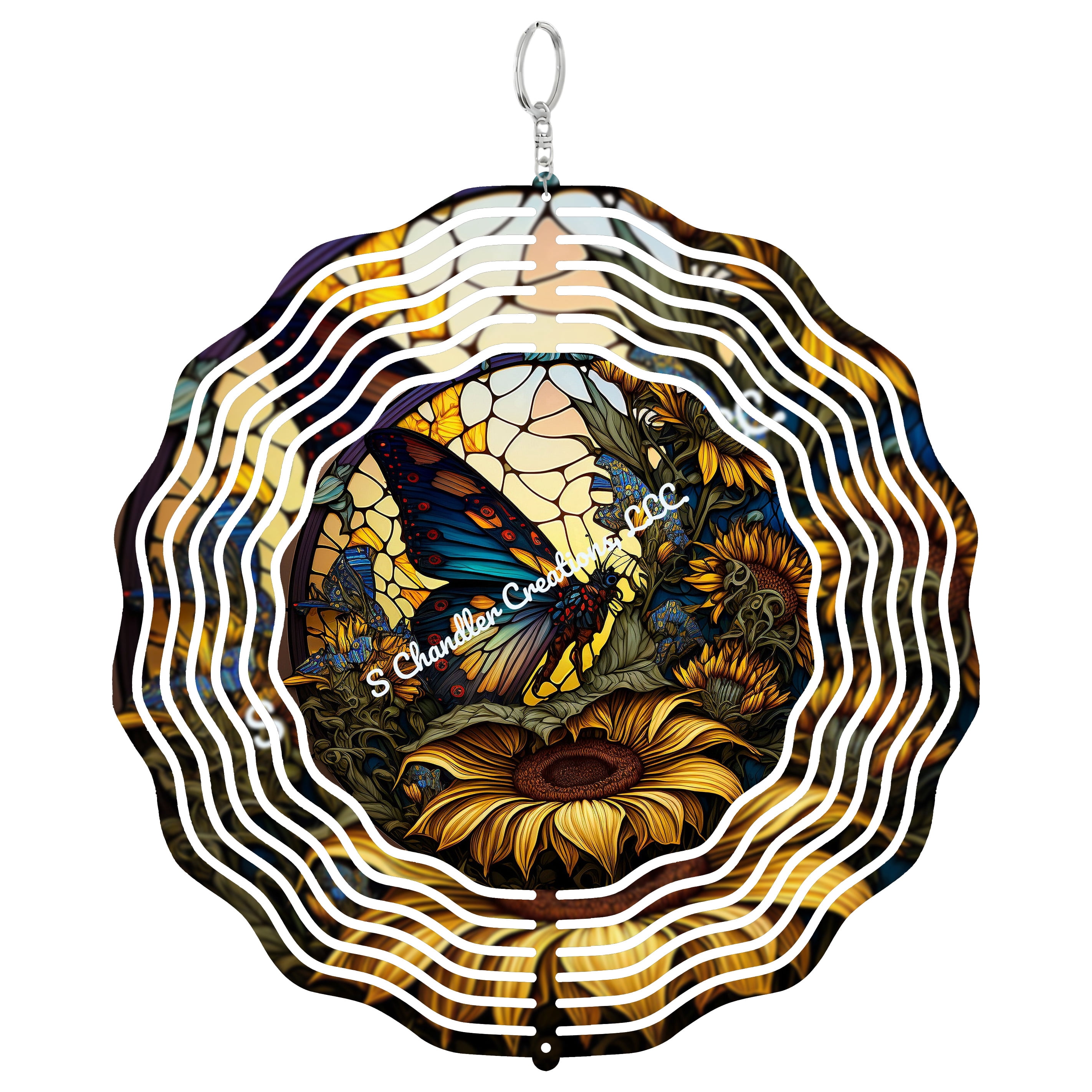 Faux Stained Glass Butterfly And Sunflower 3D Wind Spinner, Kinetic ...