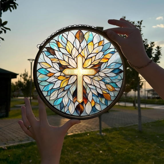 Faux Stained Glass Cross Suncatcher, Christian Window Hanging Spiritual ...