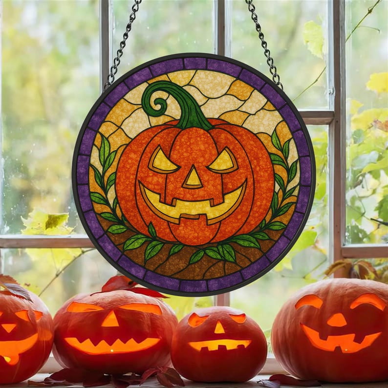 Faux Stained Glass Halloween Suncatcher, Pumpkin Scarecrow Window ...