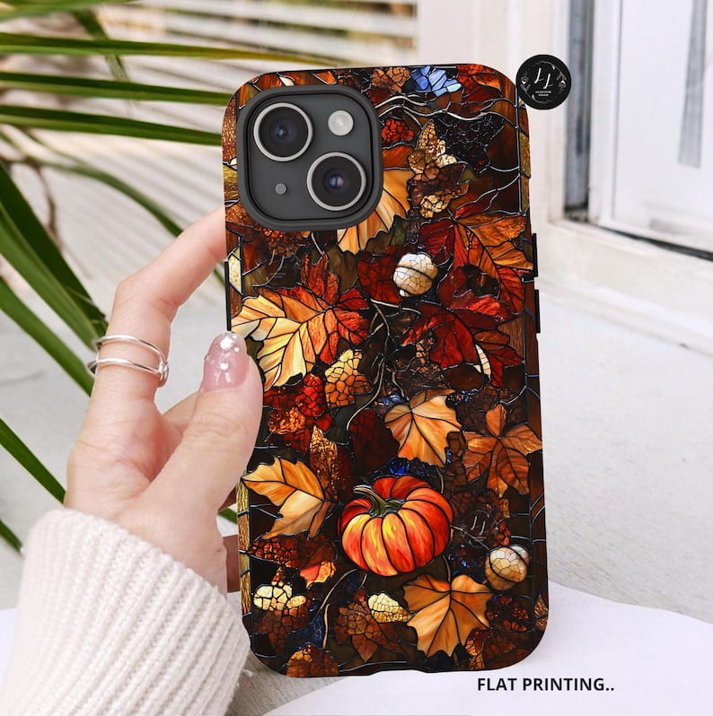 Faux Stained Glass Maple Leaf Autumn Phone Case for iPhone 11 12 13 14 ...