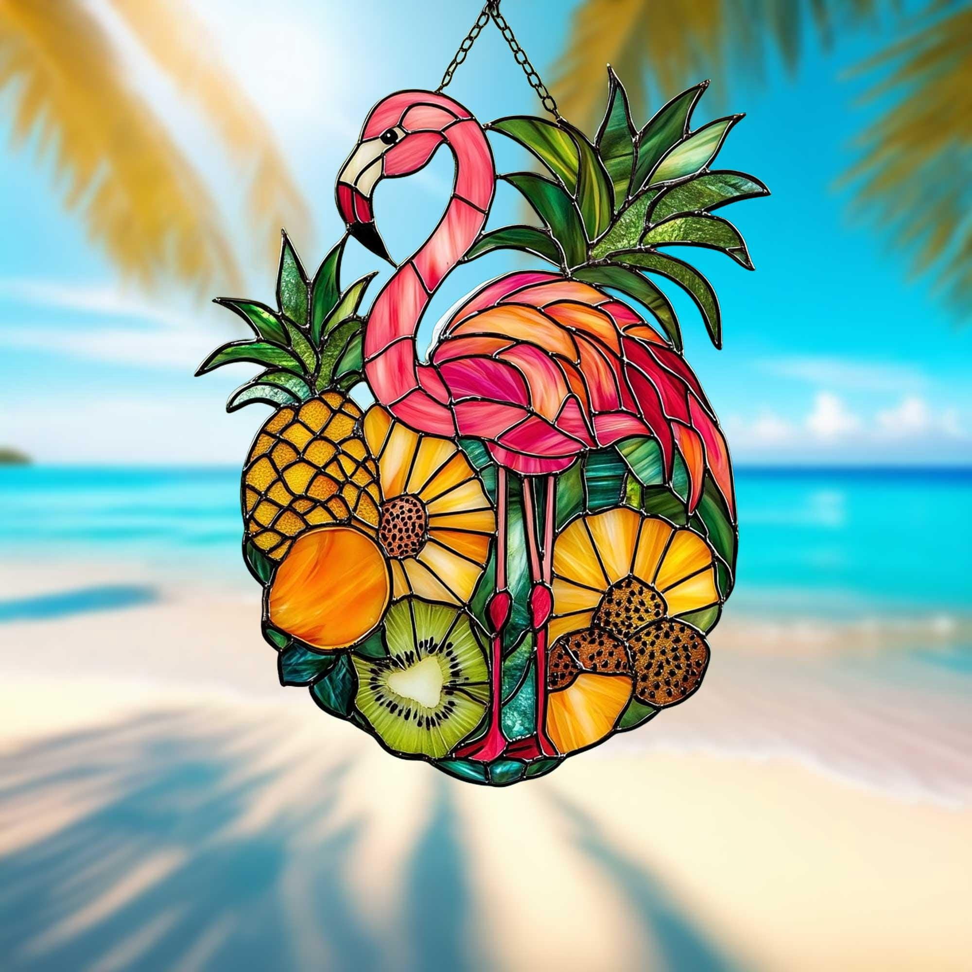 Faux Stained Glass Pink Flamingo Window Decor, Summer Tropical Home ...
