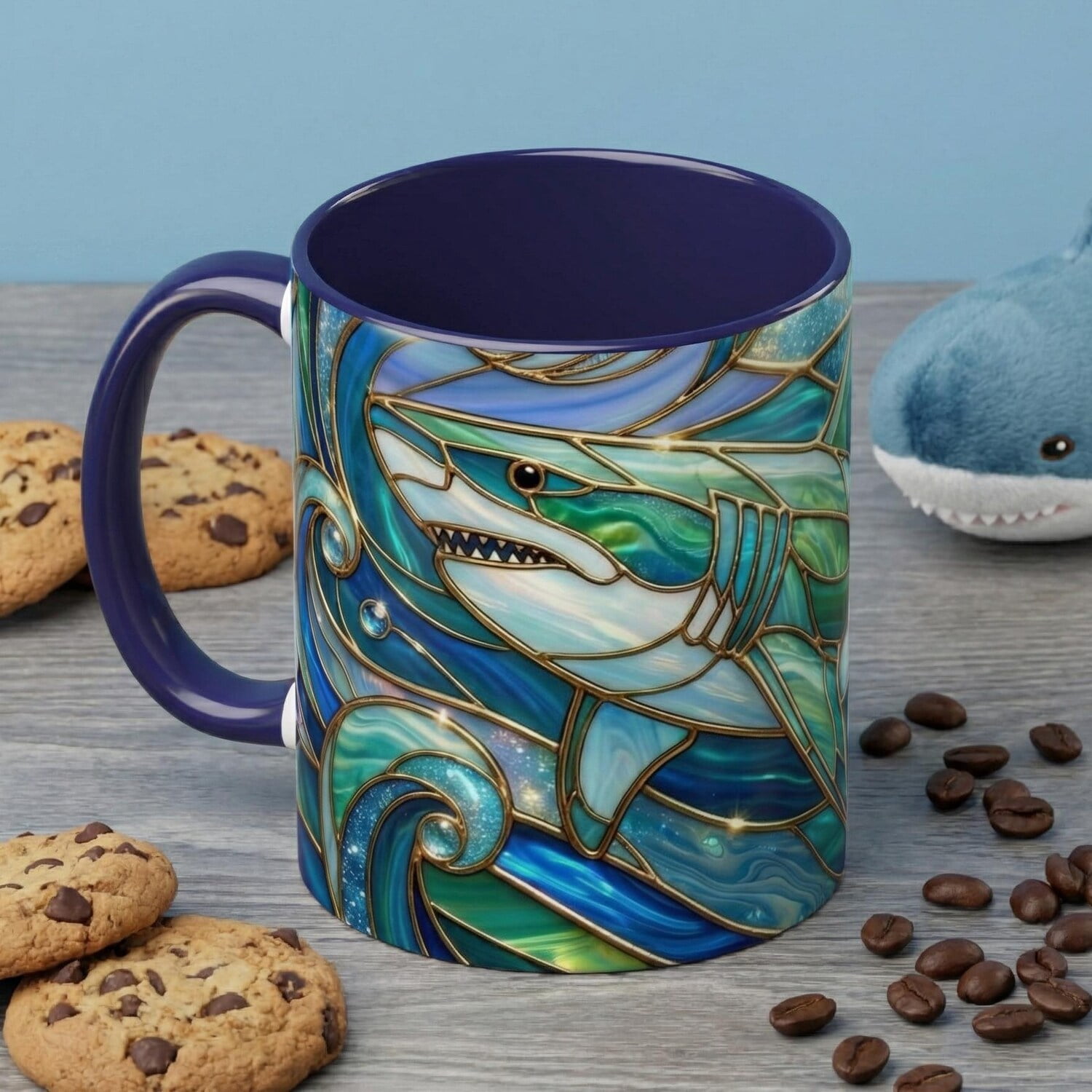 Faux Stained Glass Shark Mug, Ocean Lover Gift, Marine Biology Coffee ...