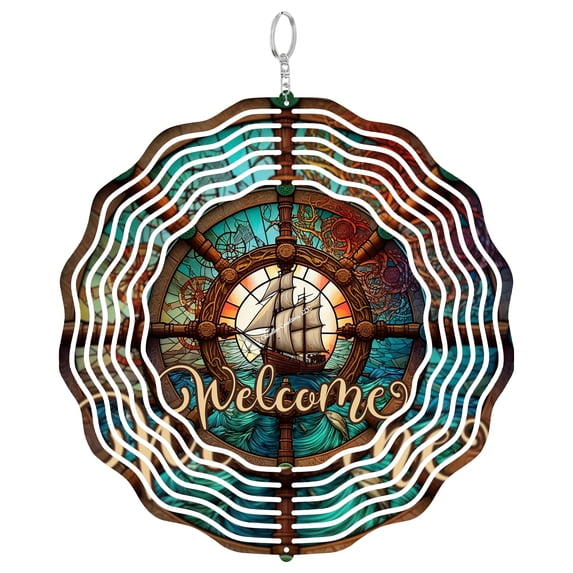 Faux Stained Glass Ships Wheel 3D Wind Spinner, Nautical Ocean Theme ...