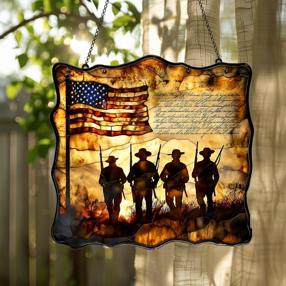 Faux Stained Glass Suncatcher With American Soldiers And Flag ...