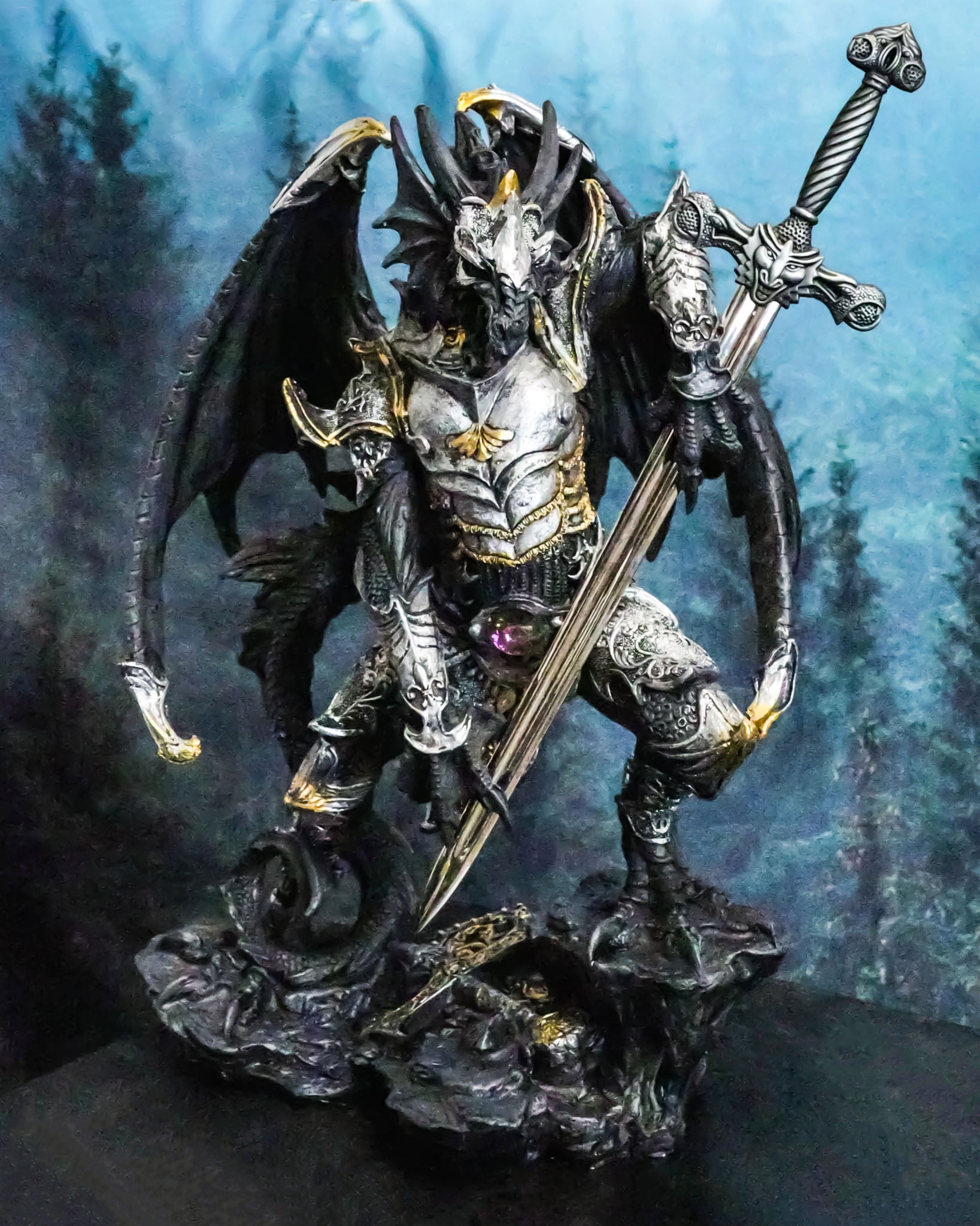 Faux Stone Silver Armored Dragon Holding Excalibur Dagger Blade Sword ...