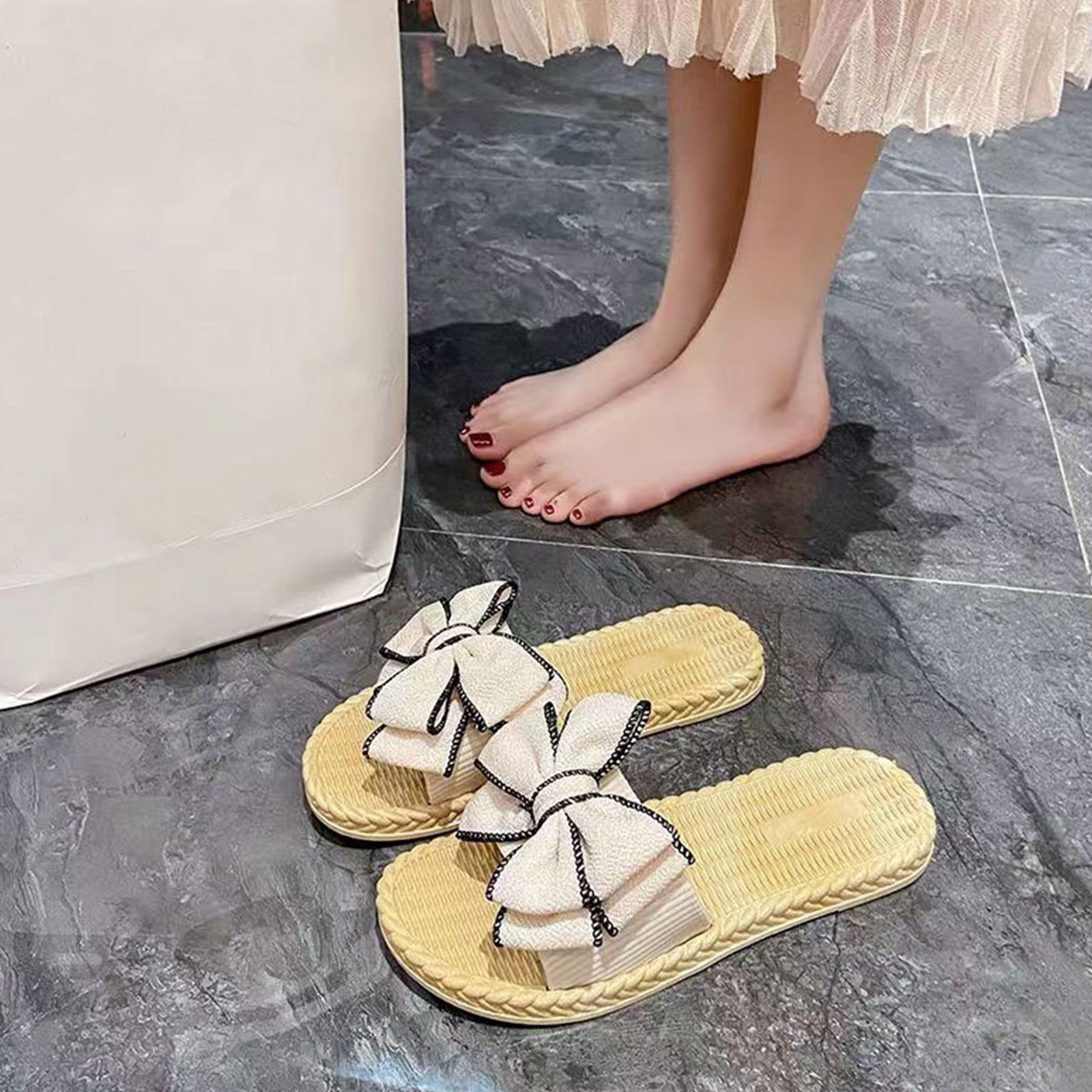 Faux Straw Travel Linen Slippers Summer Outer Beach Flat Heel Cool ...
