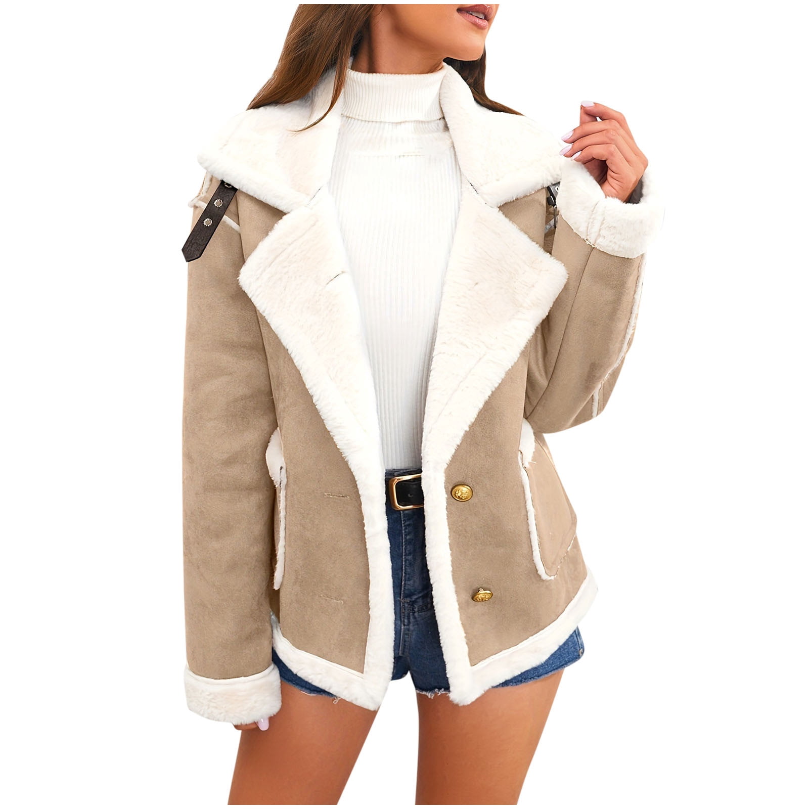 Faux-Suede Jacket Women Sherpa Fleece Lined Winter Coat Notched Collar ...