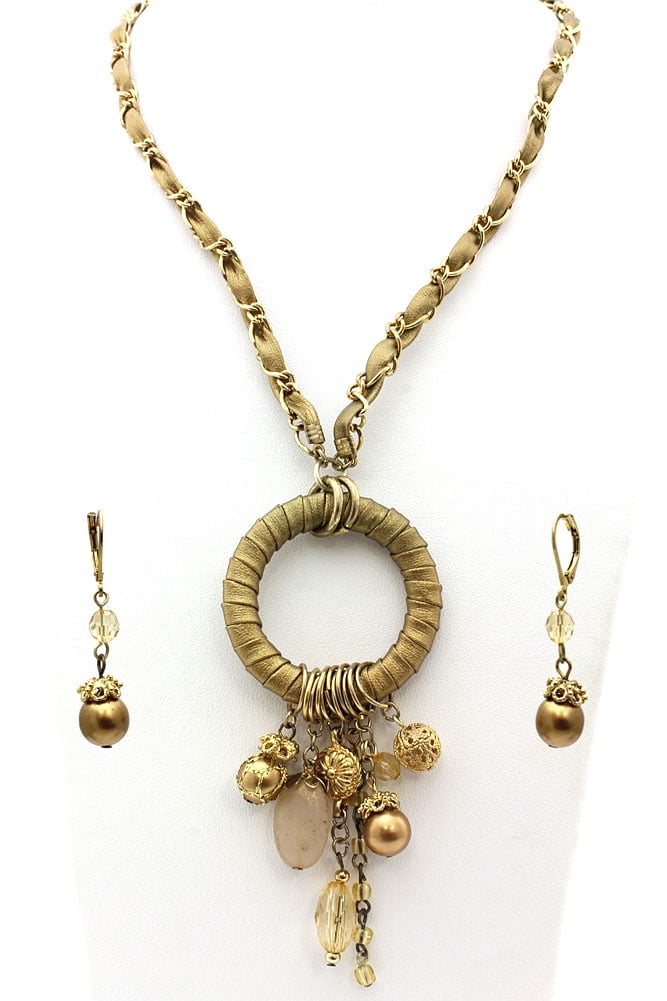 Faux Suede O-Ring W/ Dangle Beads Necklace & Earrings Set - Gold Tone ...