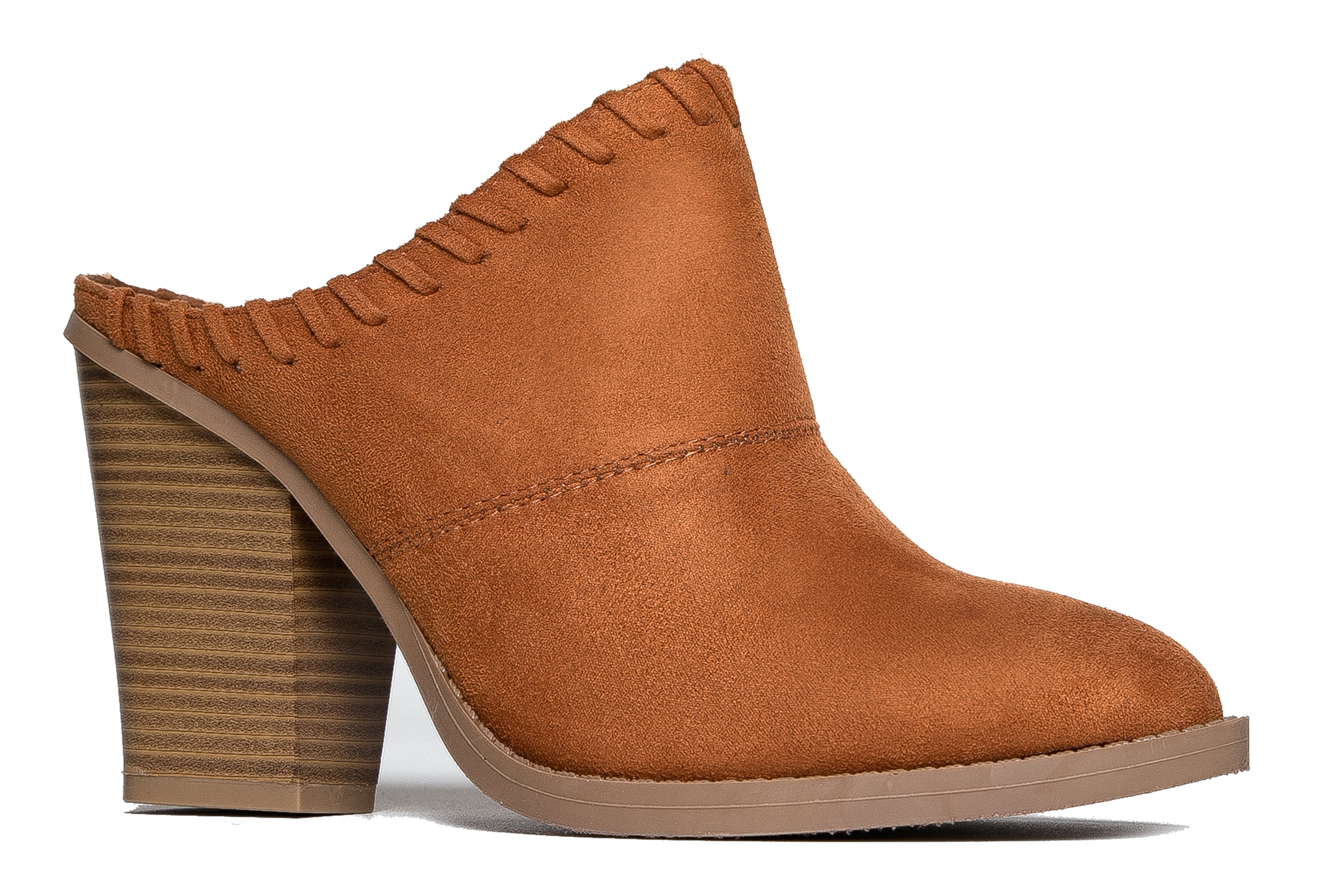 Faux Suede Pointy Toe-Stitched Borders Wooden Chunky Stacked High Heel ...