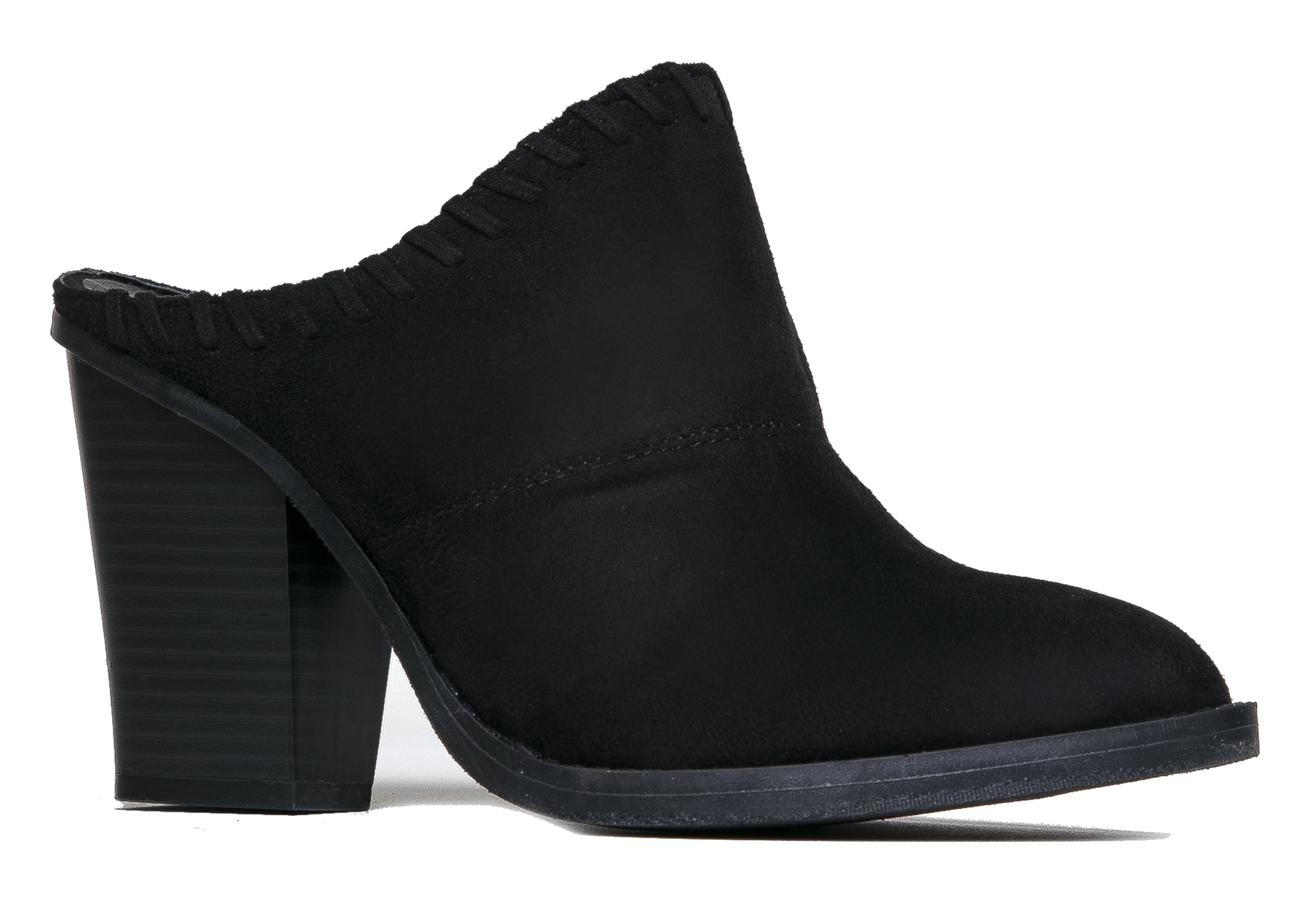 Faux Suede Pointy Toe-Stitched Borders Wooden Chunky Stacked High Heel ...