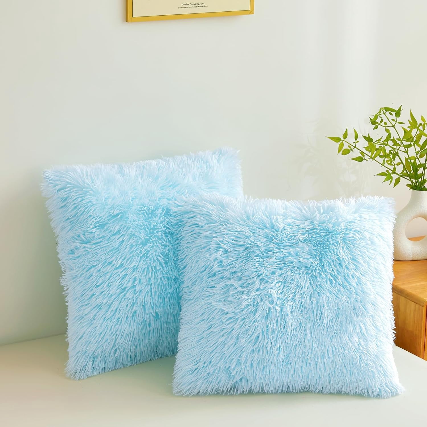 Faux Throw Pillow Covers Blue 18"x18" Furry Shaggy Cushion Covers Plush ...