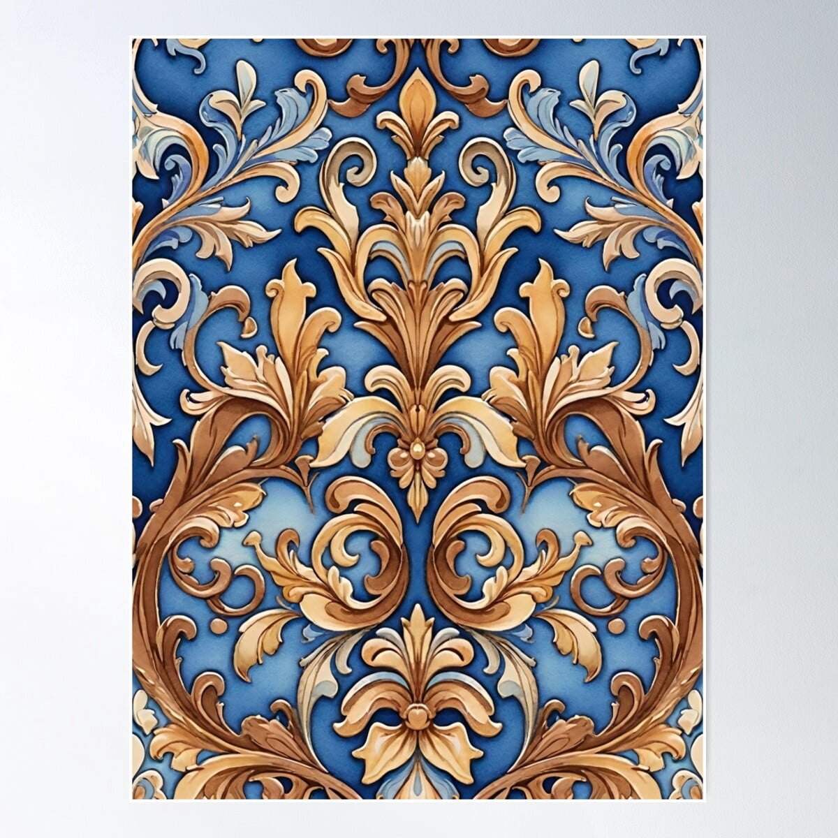 Faux Tooled Leather And Denim Blue Damask Poster Wall Art, Modern Wall ...