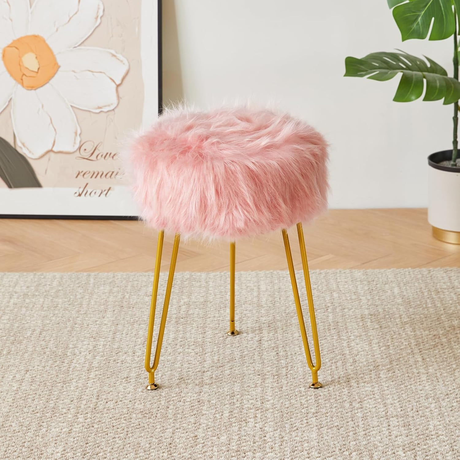 Faux Vanity Stool Chair, Furry Stool Ottoman, Soft Padded Seat, Round ...