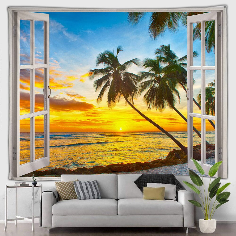 Faux Window Beach Sun Forest Painting Tapestry Wall Hanging Boho ...