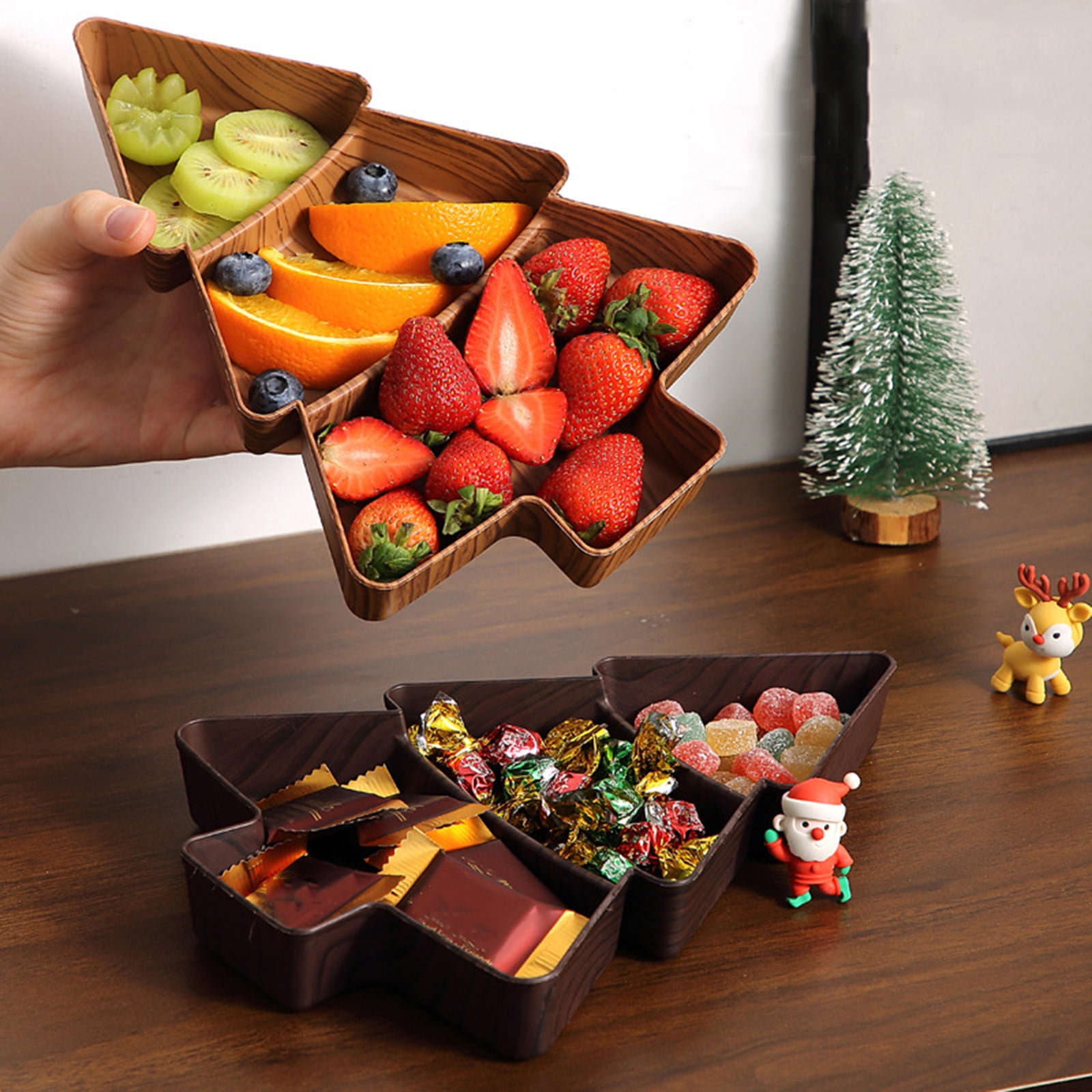 Faux Wood Christmas Fruit Plate, Tree-Shaped Plastic Divided Snack Tray ...