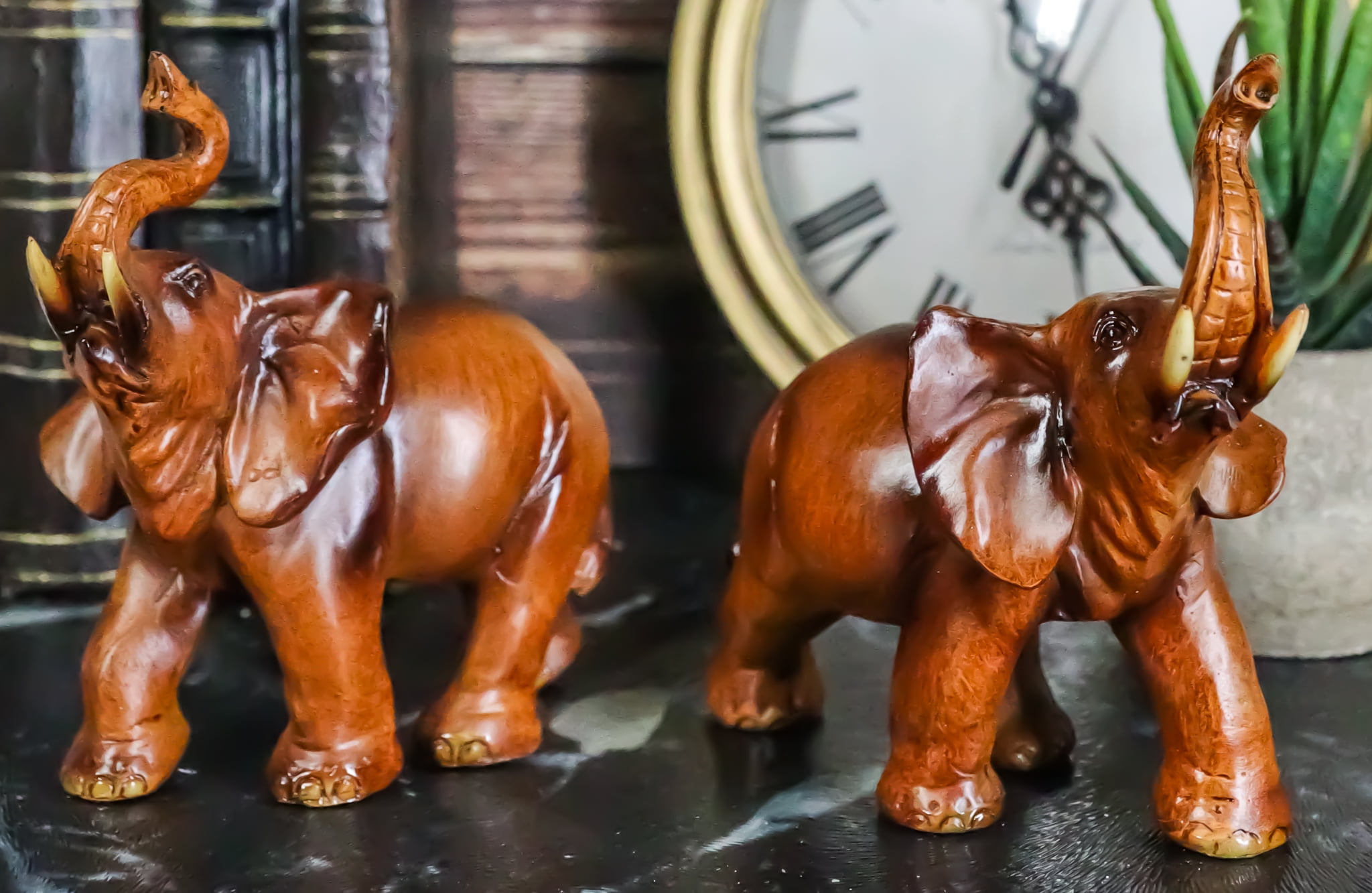 Faux Wood Feng Shui Elephant With Trunk Up Statue Set of 2 East & West ...