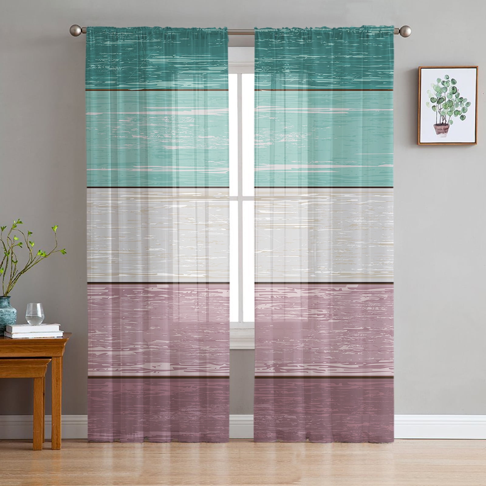 Faux Wood Grain Ocean Green Purple Gradient Window Treatment Tulle ...