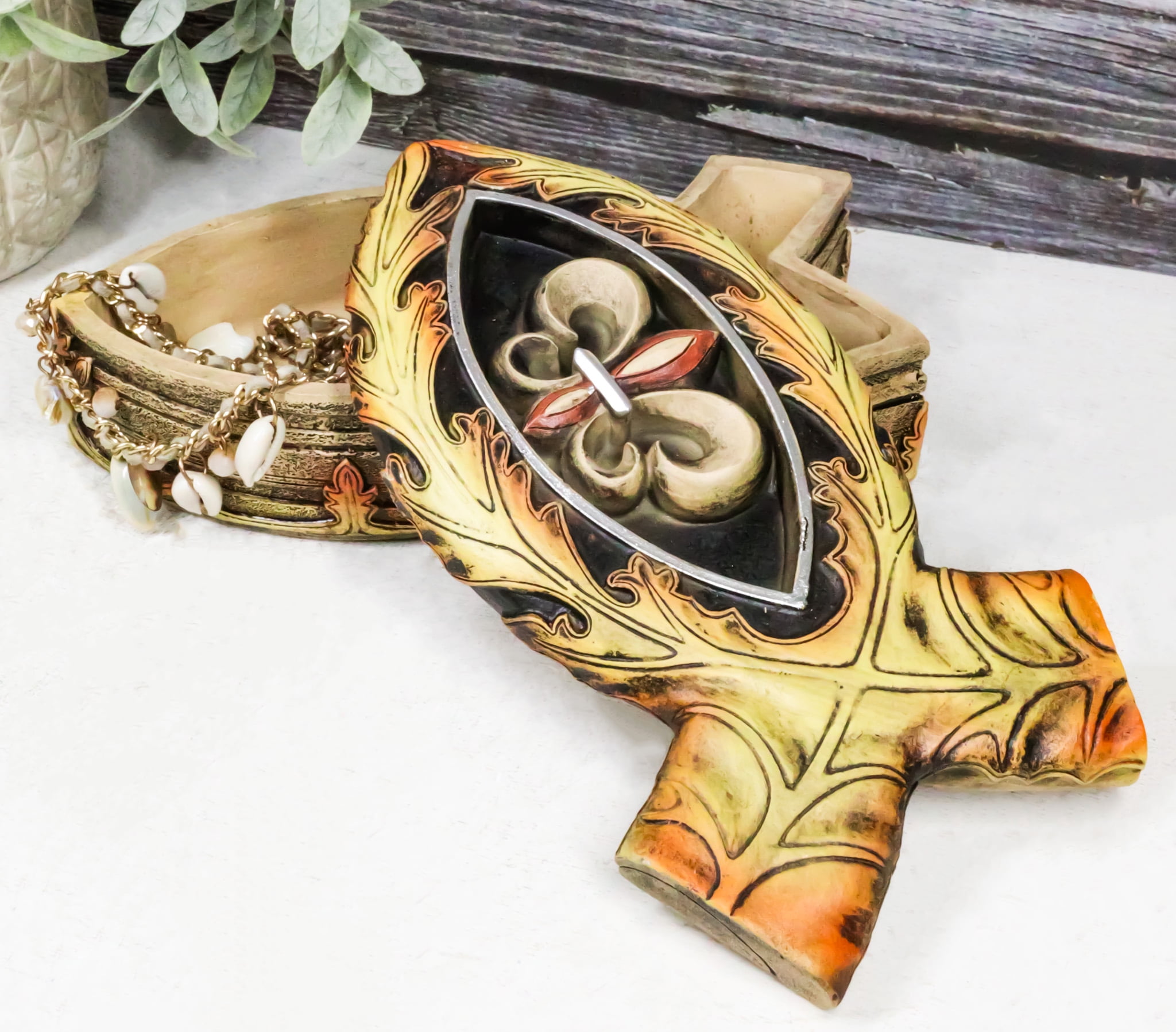 Faux Wood Jesus Fish Ichthys With Fleur De Lis Cross Decorative Trinket ...