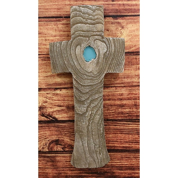 Faux Wood Rustic Tree Rings Bark with Turquoise Inlay Wall Cross ...
