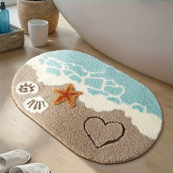 Faux Wool Ocean Themed Bath Mat, Non-slip oval design with starfish ...