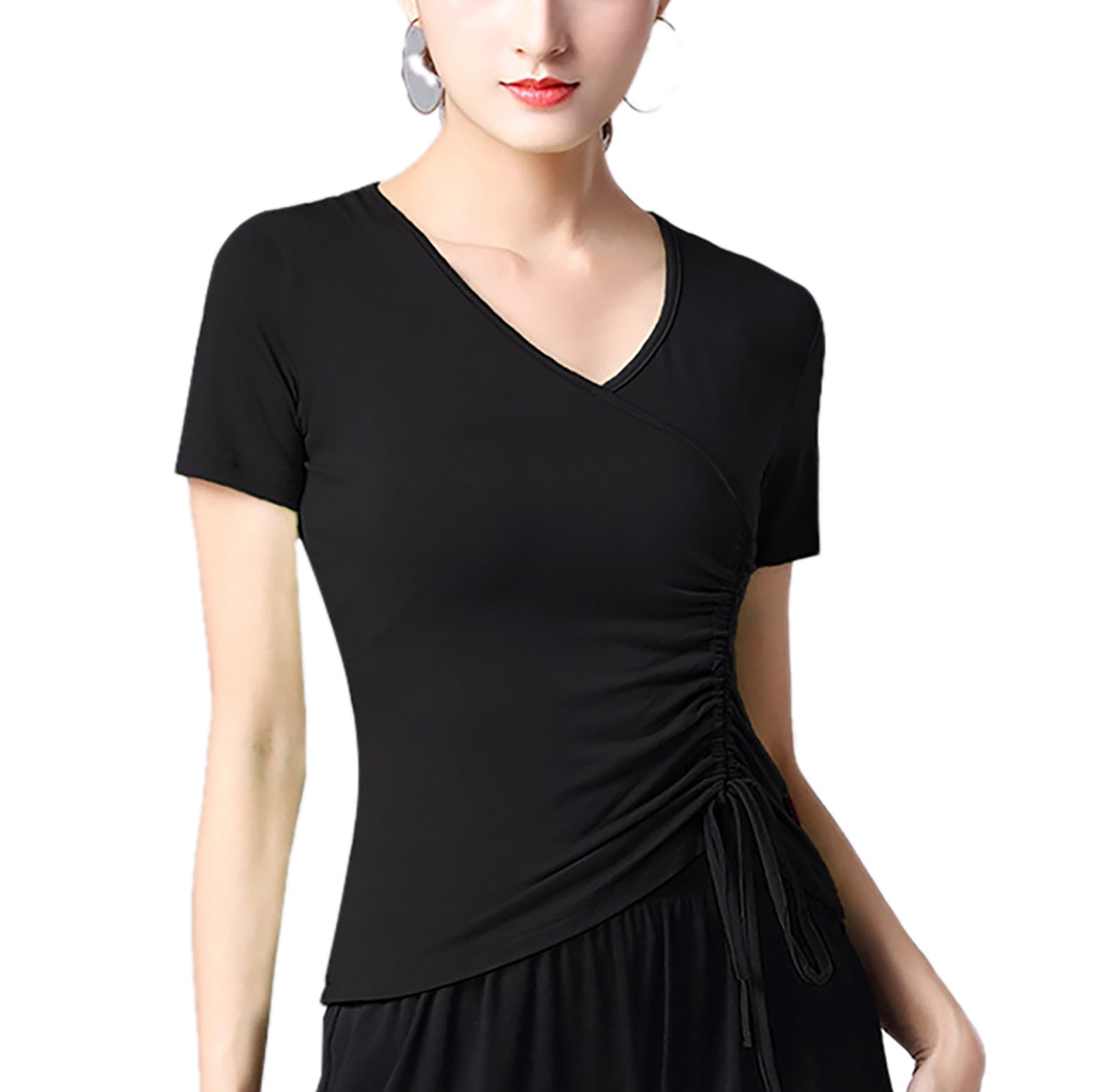 Faux Wrap V Neck Front Drawstring Ballroom Dance Practice Wear T Shirts ...