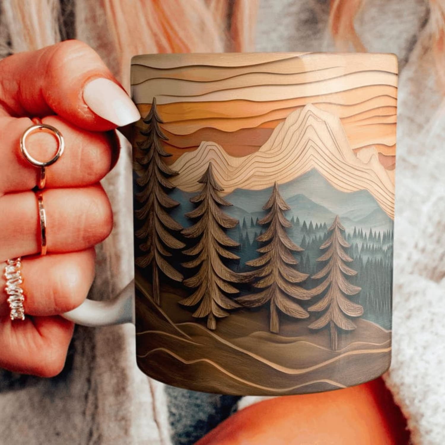 Faux rved Wood Mountains Mug, Mountain Lake Pines Printed Ceramic Mug ...