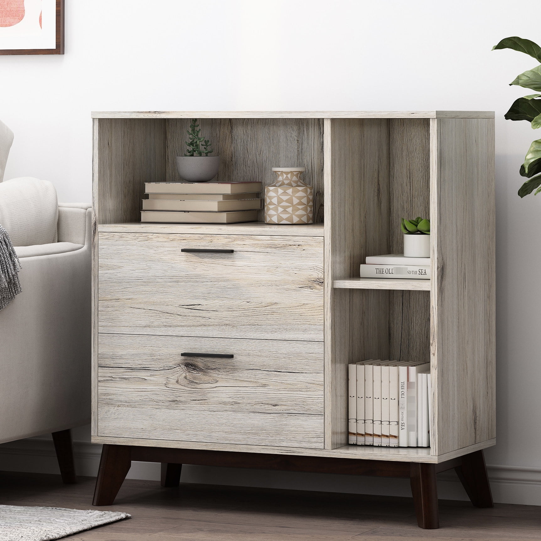 Faux wood cabinet with splayed legs and storage - Upgrade your space ...