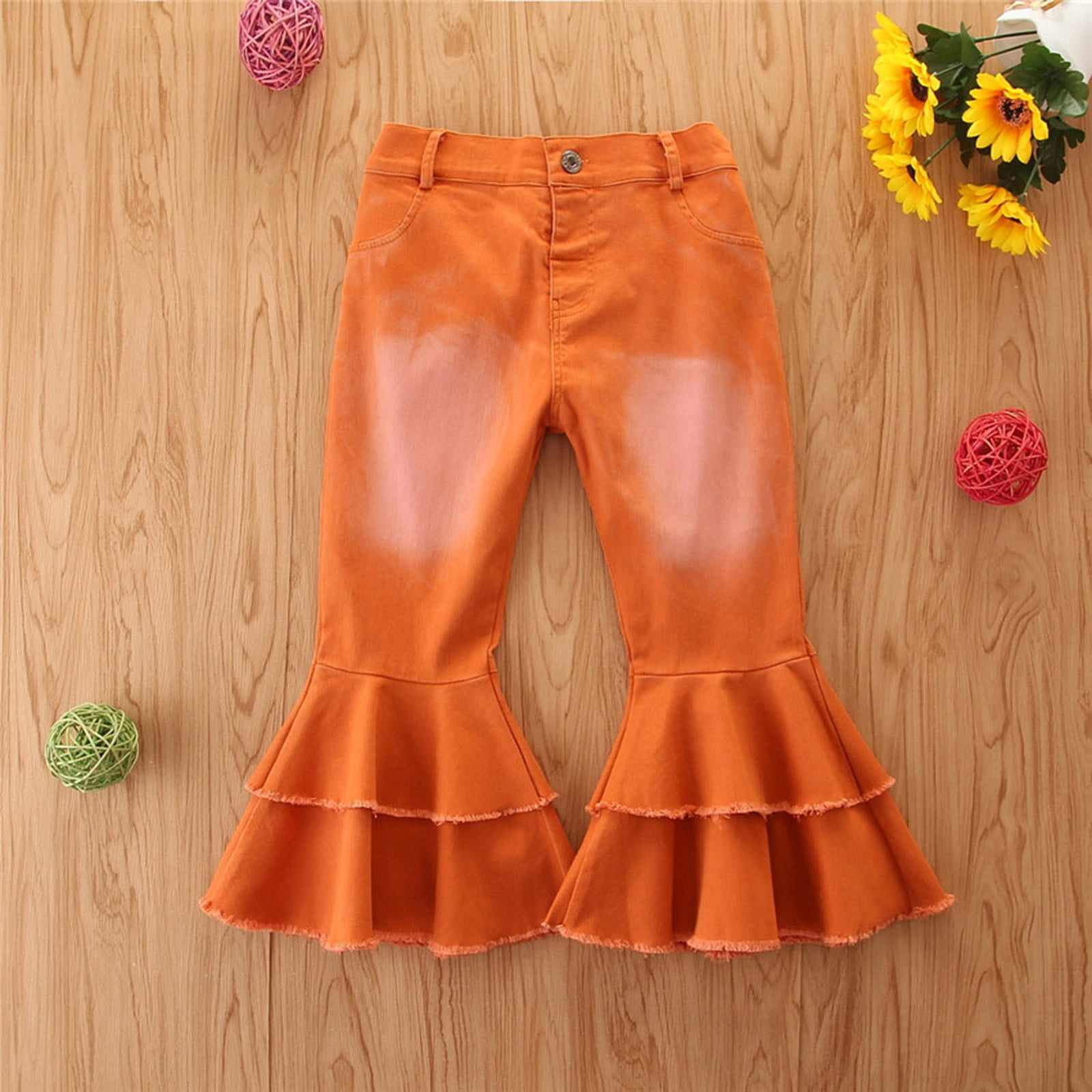 Favoffer Baby Girl Flared Denim Pants Ruffled Wide Legs Ripped ...