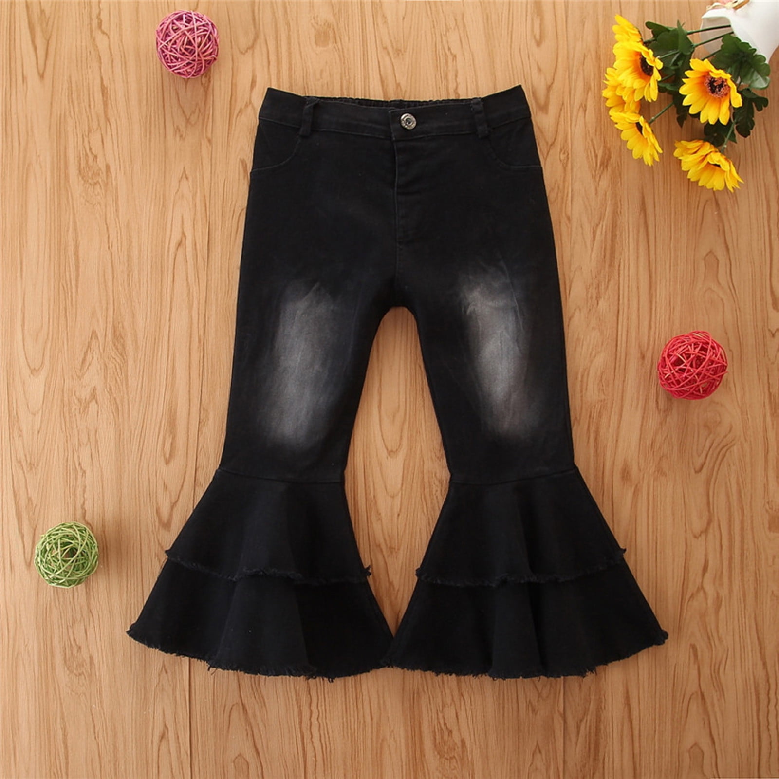 Favoffer Baby Girl Flared Denim Pants Ruffled Wide Legs Ripped ...
