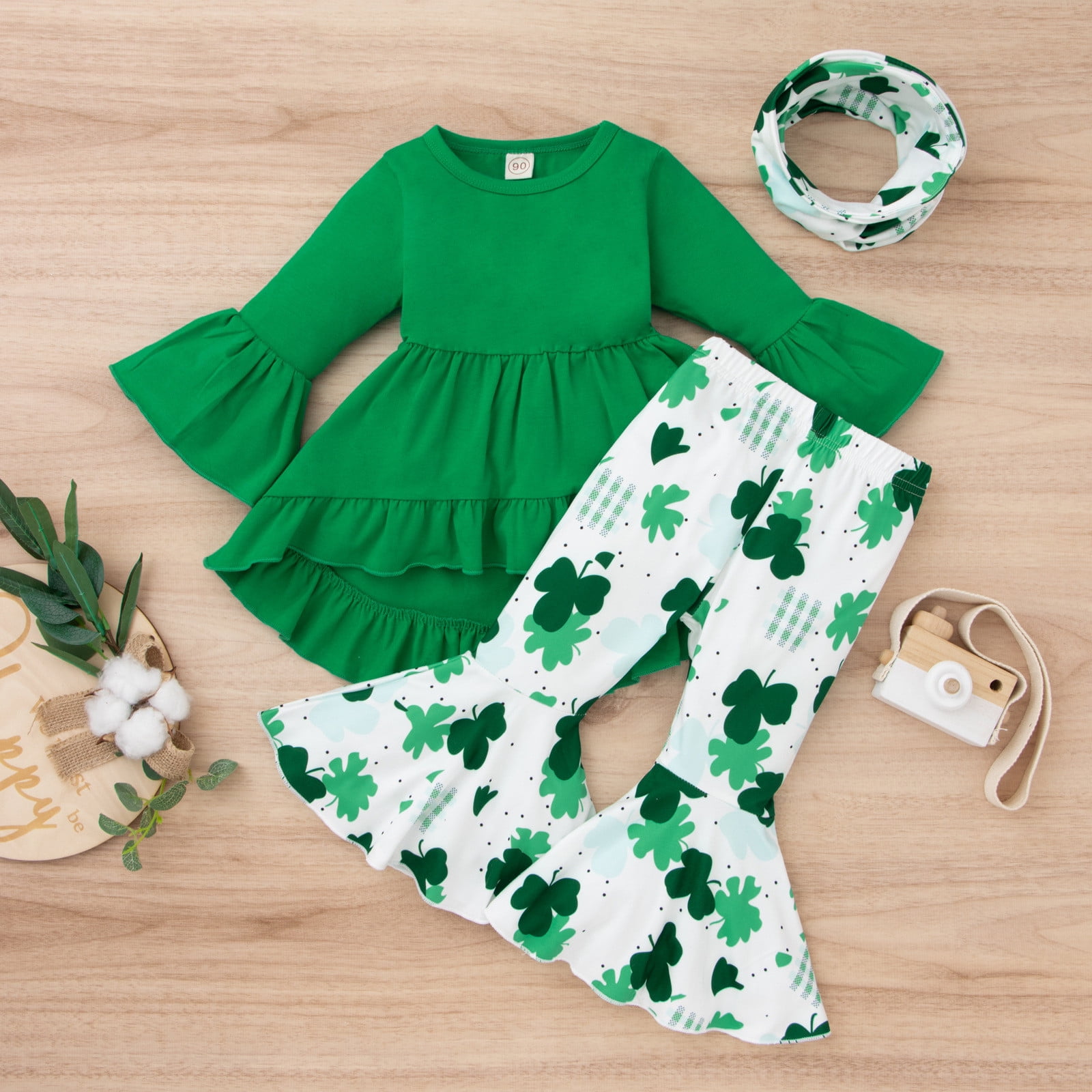 Favoffer Children's Girl Clothing 3pcs Green Floral Tuxedo Skirt + Bell ...