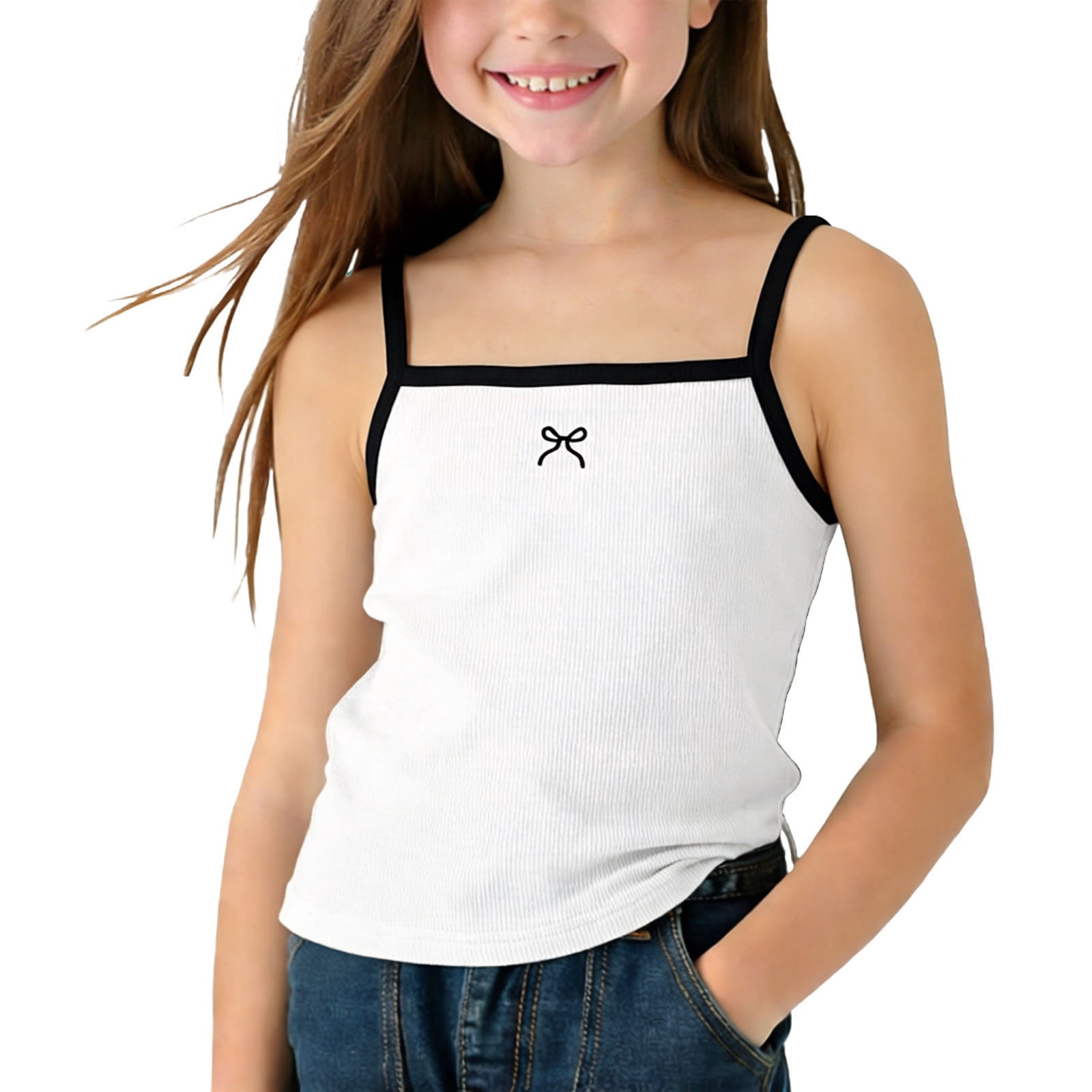 Favoffer Girls Cami Tank Top Summer Cute Embroidery Knit Stretch Slim ...